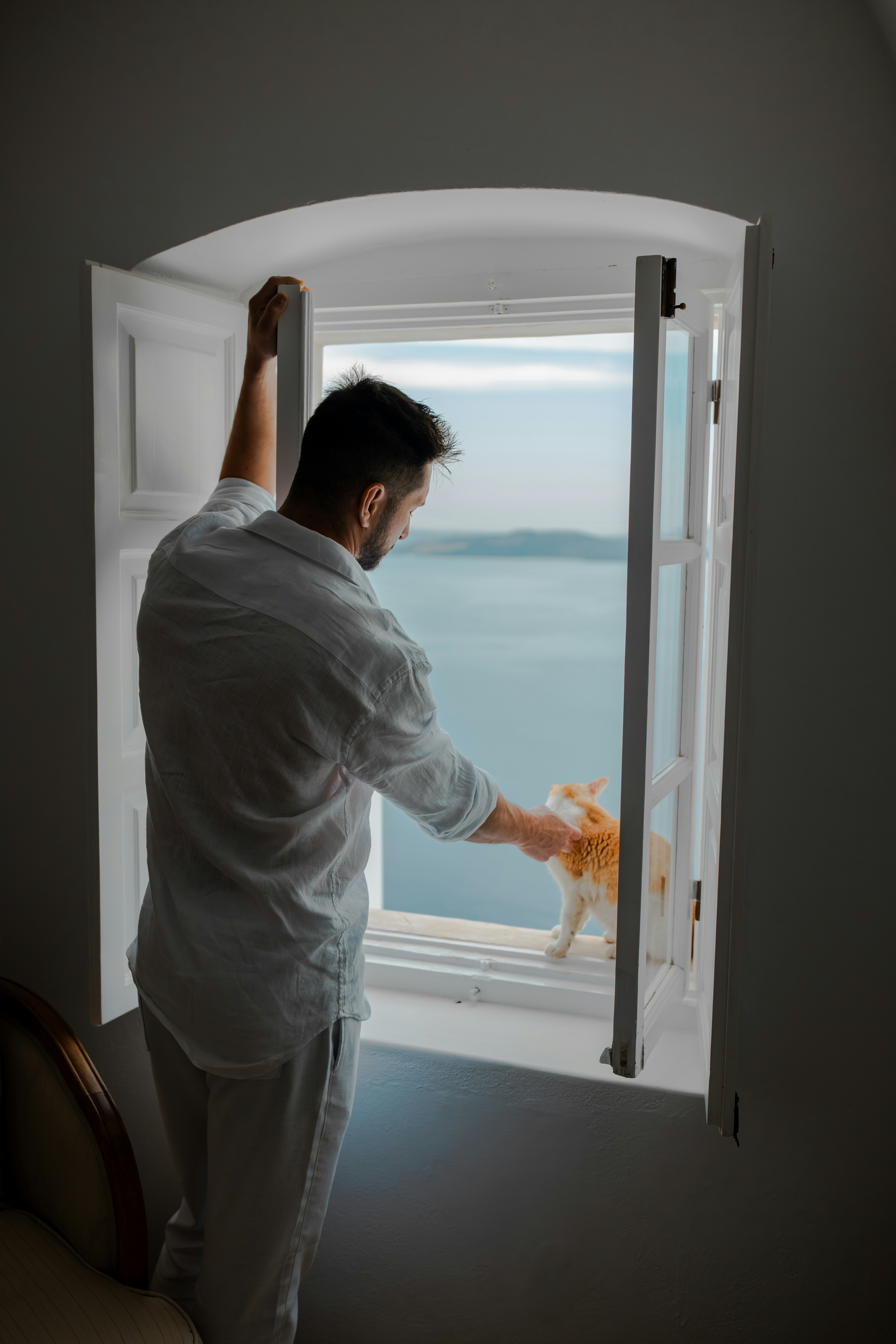 Window to Quiet Seas: A Moment with a Cat at Dusk