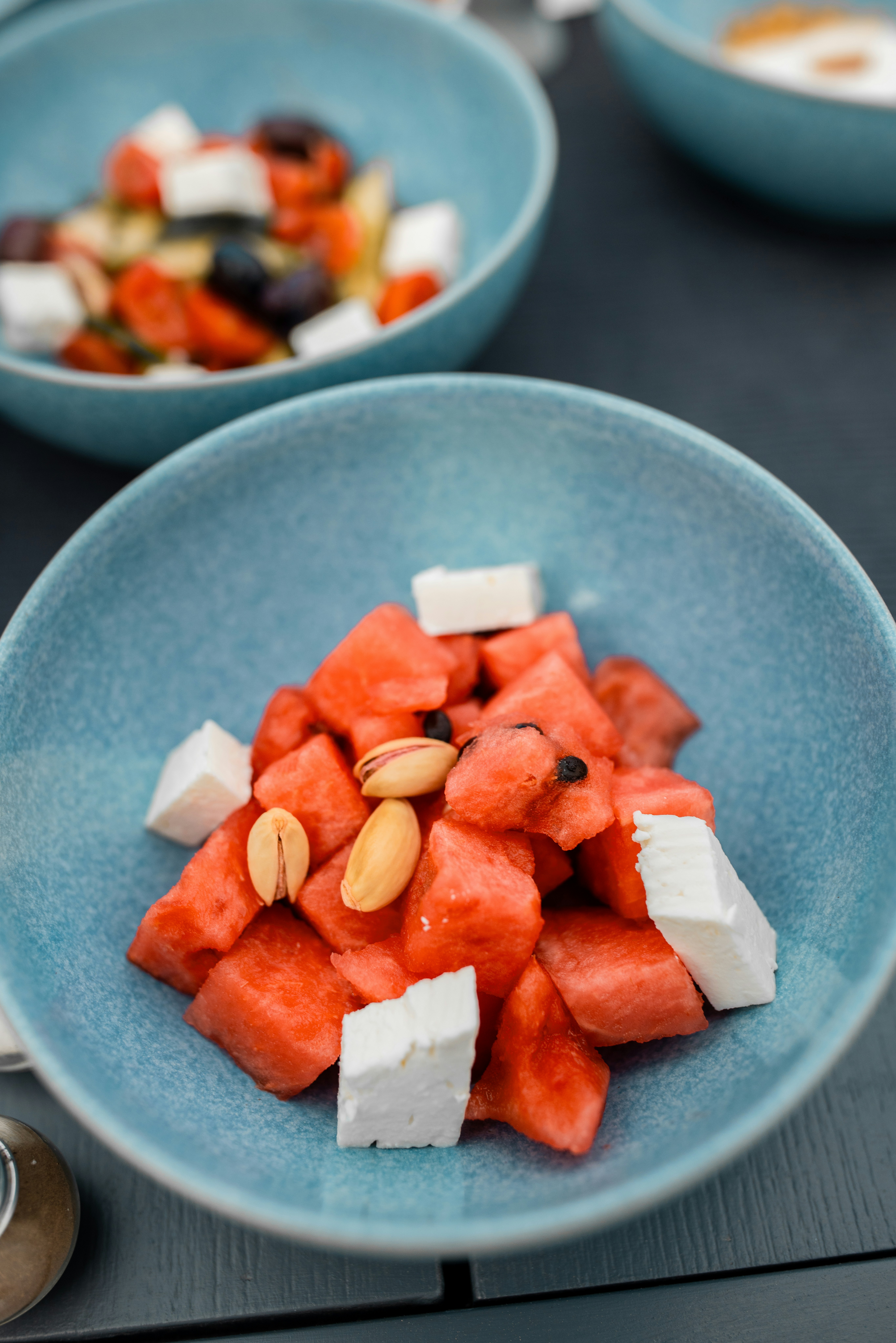 Blue Bowl of Watermelon and Feta: Fresh Summer Snack