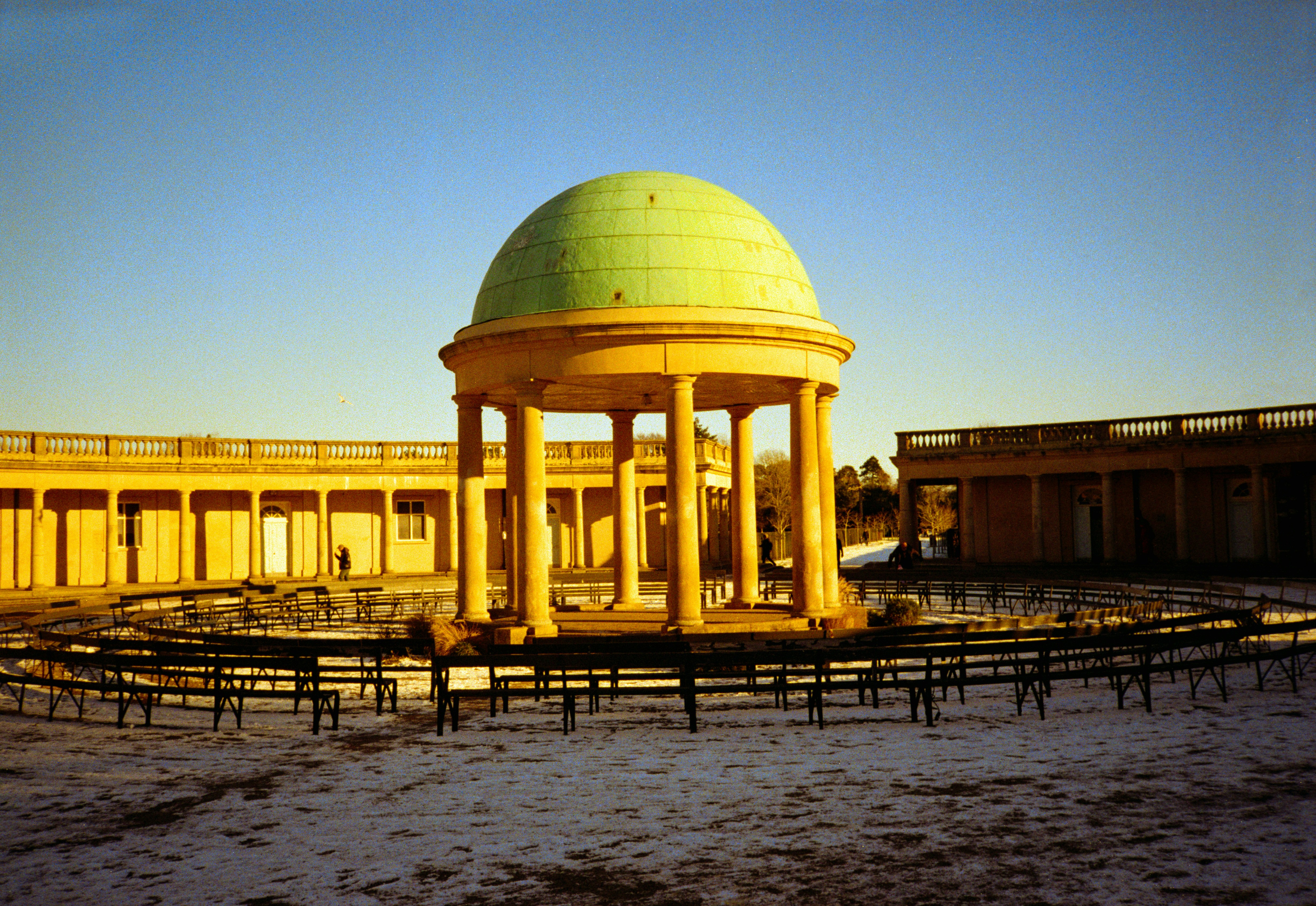 Green Dome, Golden Grounds: A Temple Terrace at Dusk