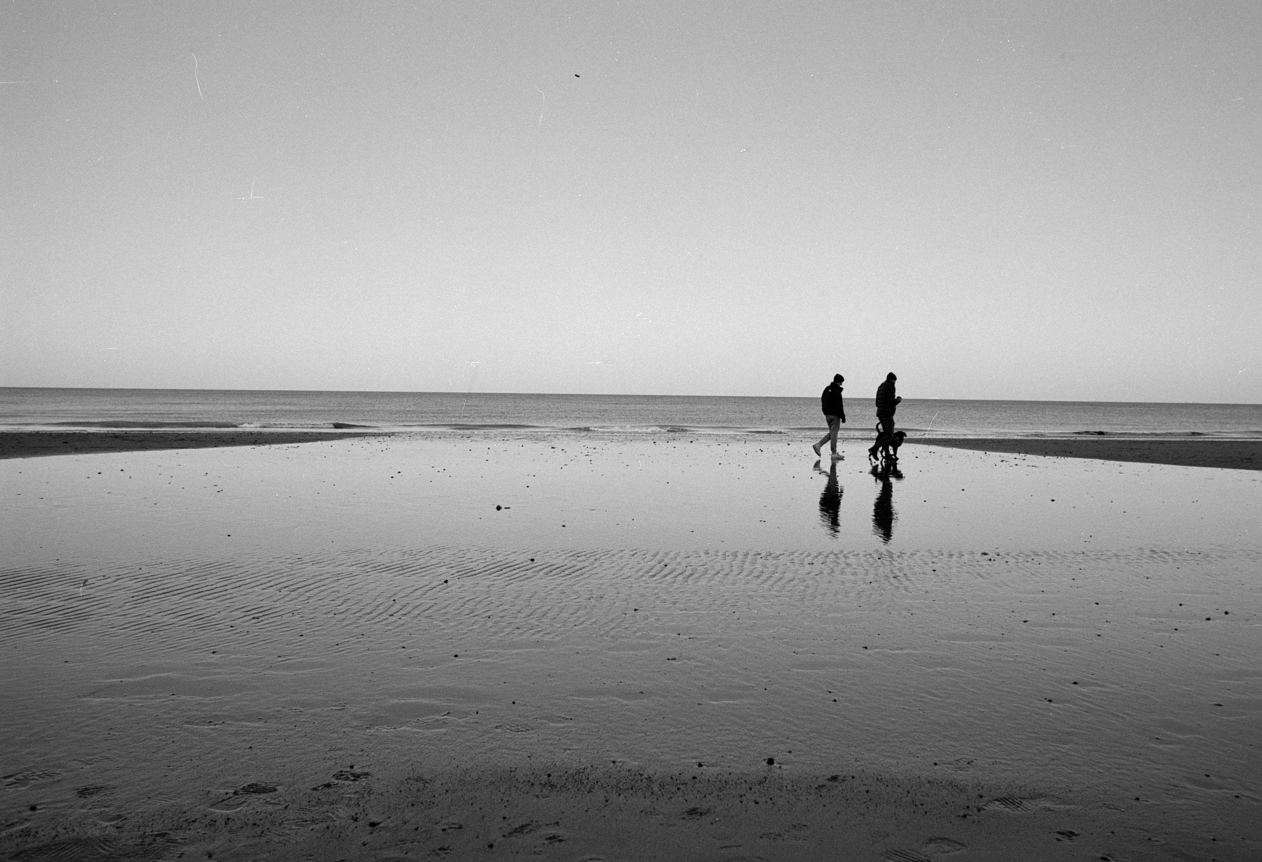 Two figures and a dog walk a mirror-flat beach at low tide in black and white.