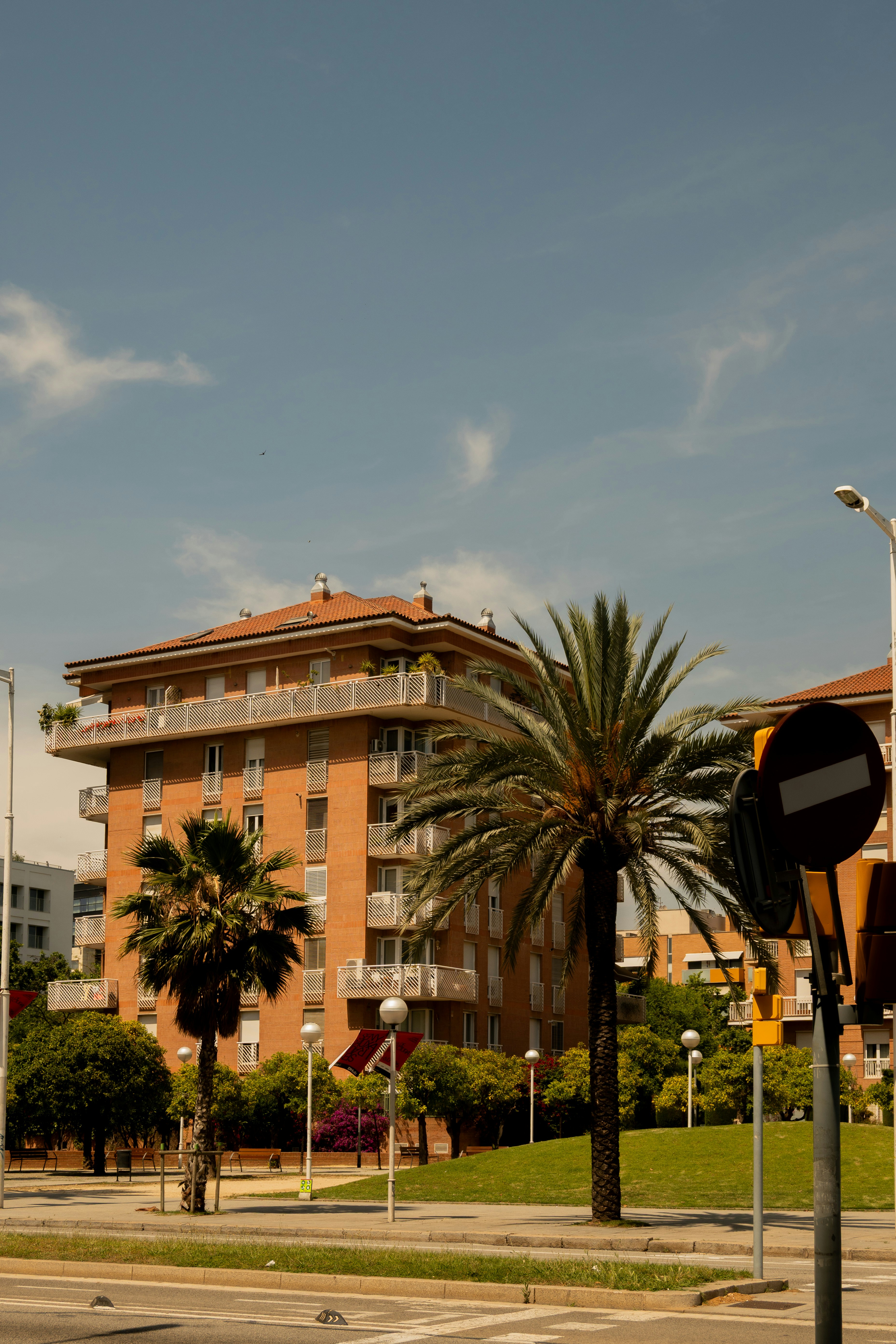 Sunlit Ensemble: A Coral-Brick Building Framed by Palm Shadows