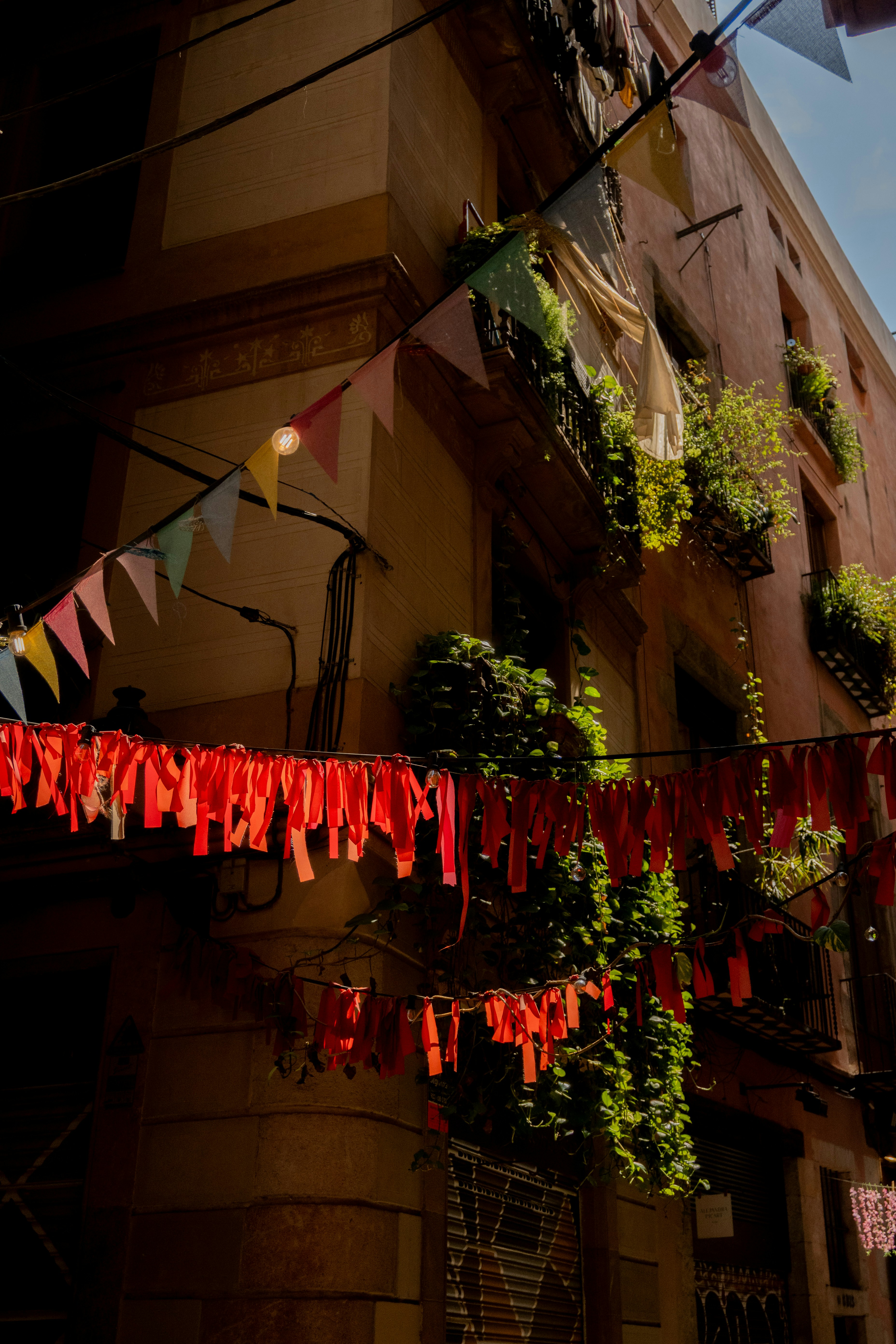 Warm light bathes a narrow street lined with stringed red banners and hanging plants, creating a festive atmosphere with architectural shadows in the background.