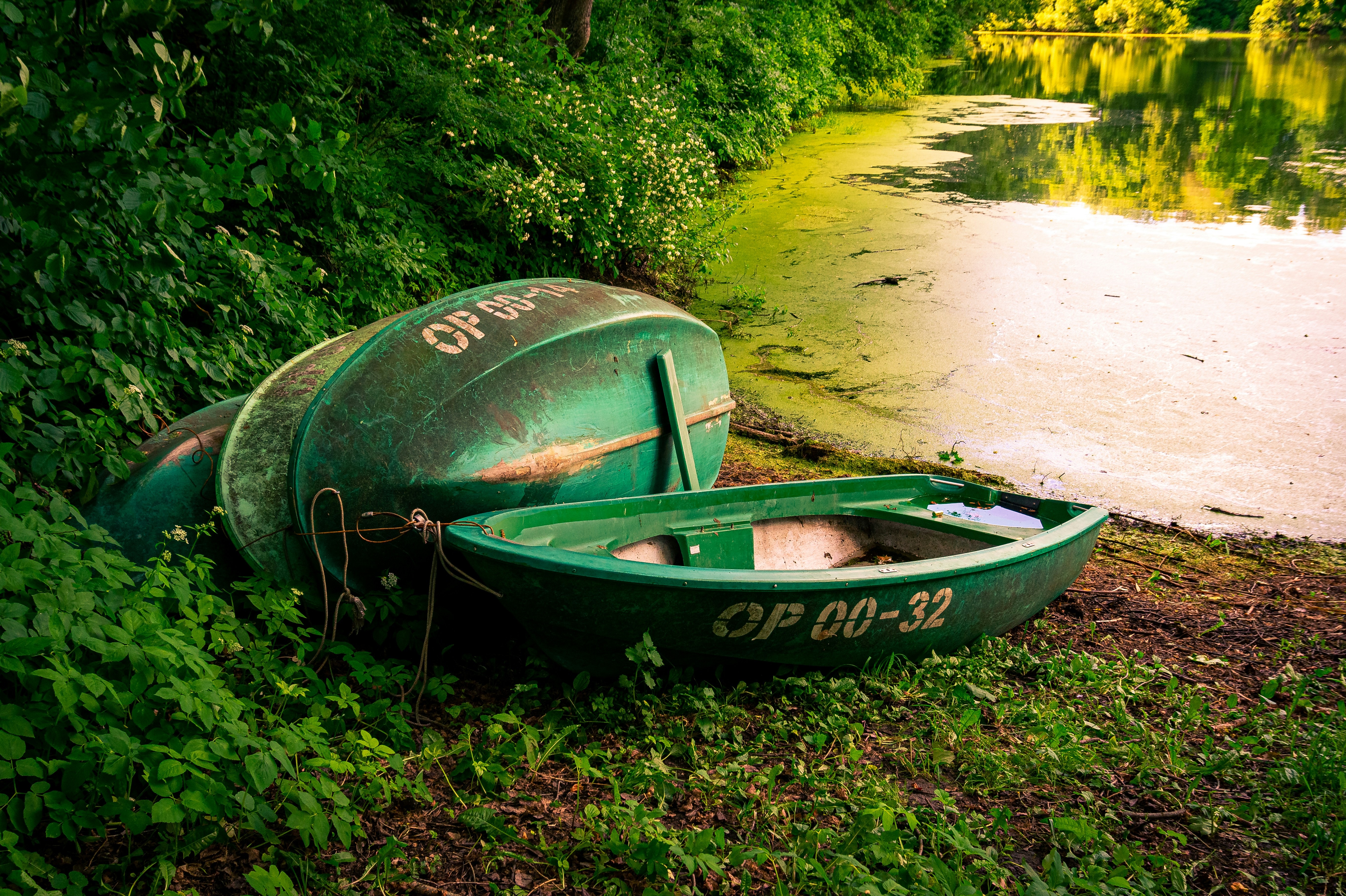 Green Boats at the Luminous Riverside