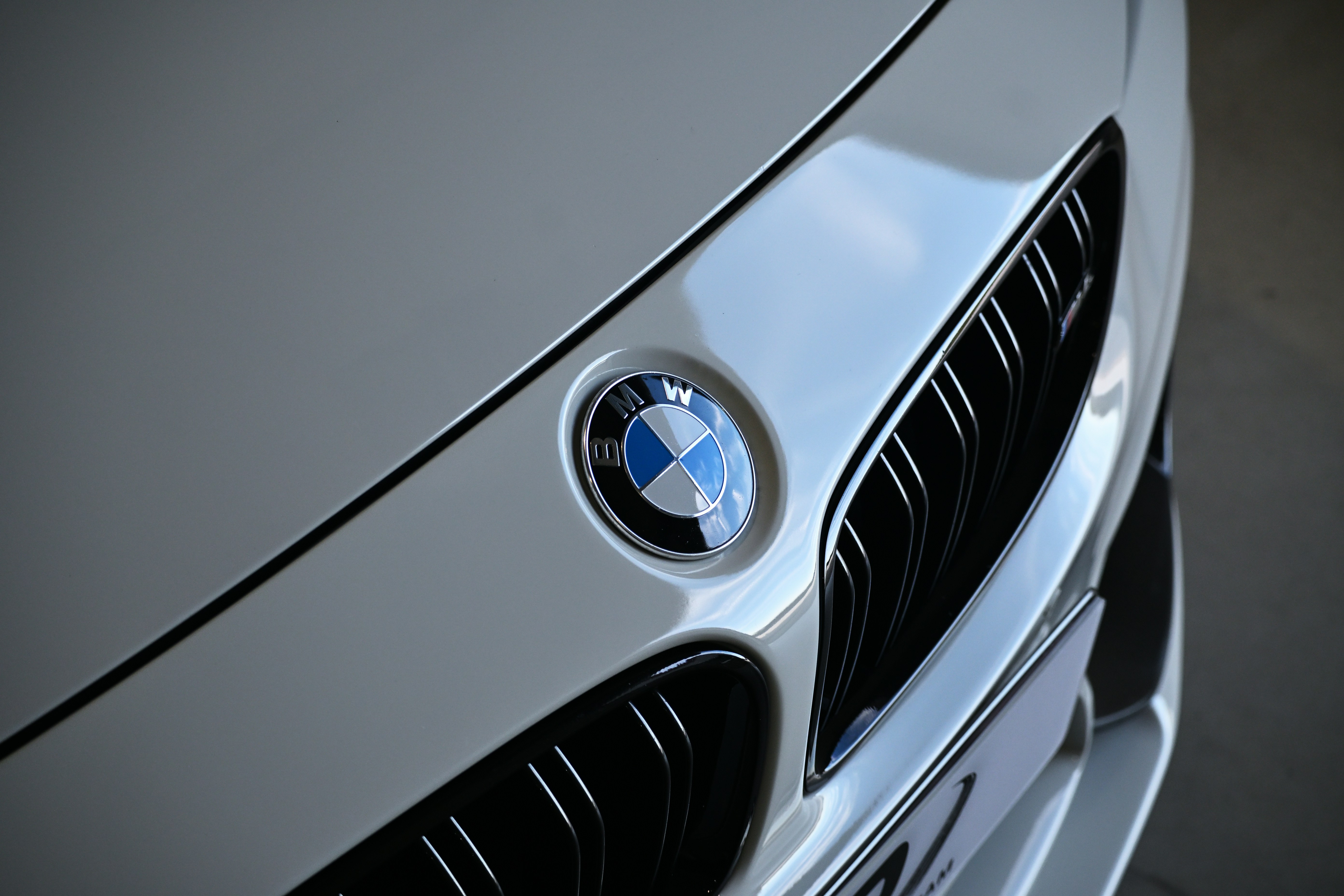 A white BMW car's front grille and logo.
