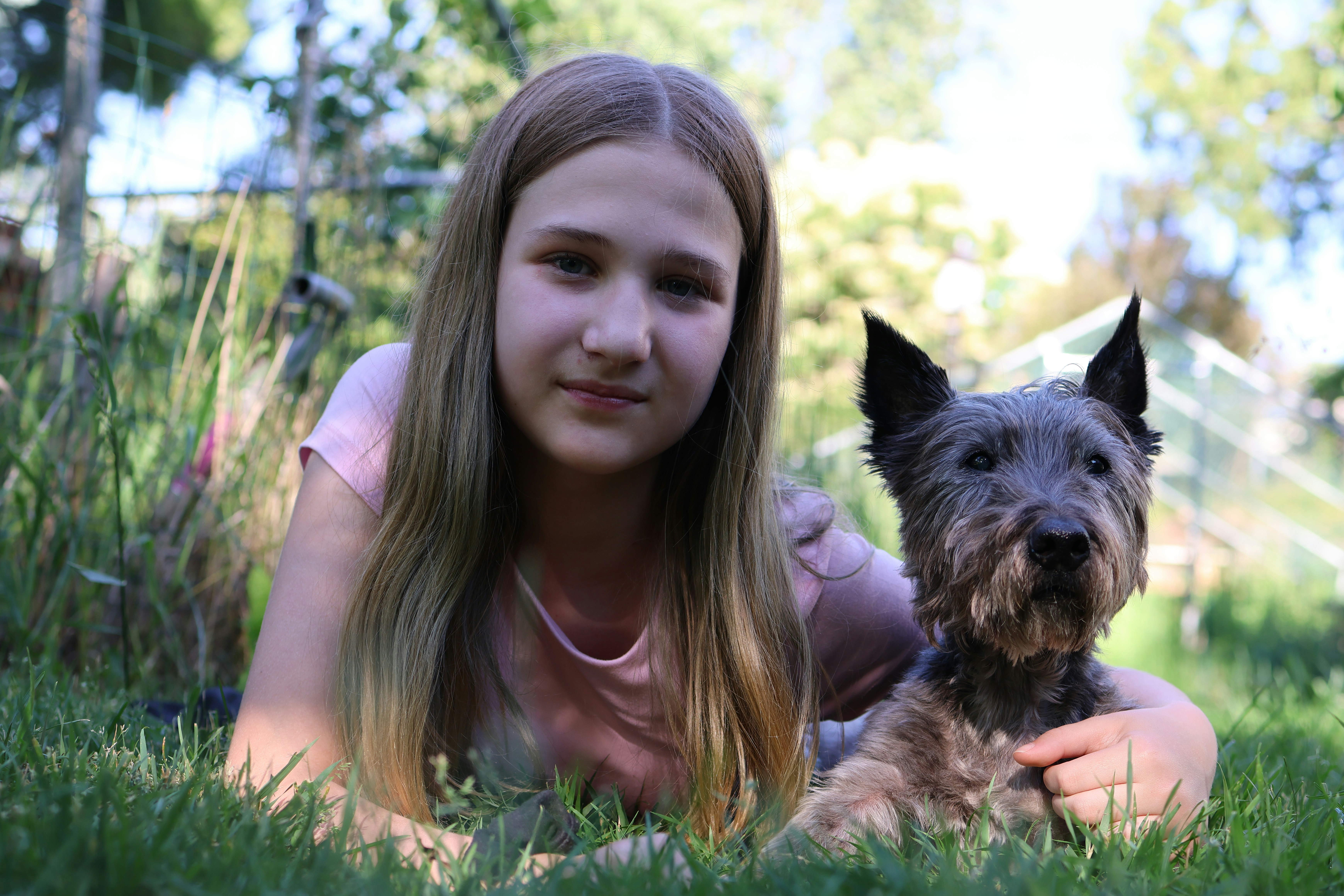 Girl and dog in sunlit garden embrace