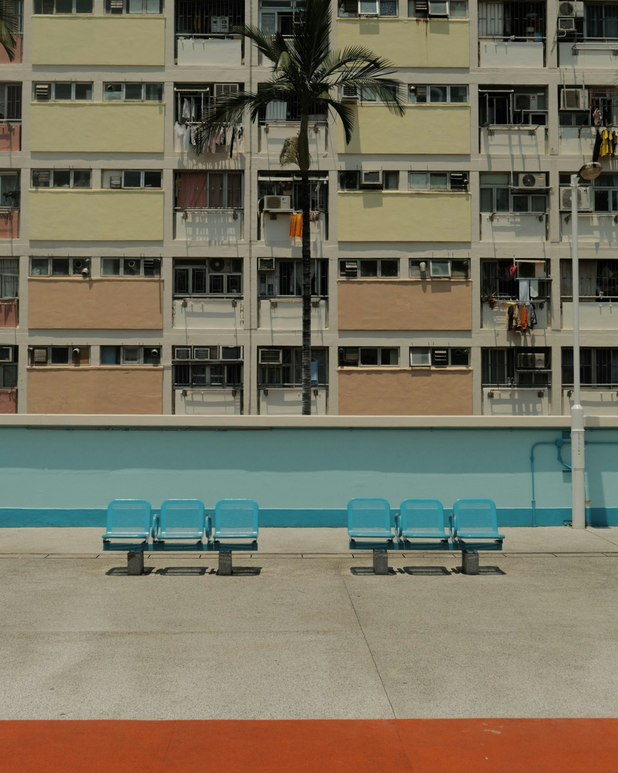 Urban Facade and Neon Steps: A Quiet Moment in the Concrete Park