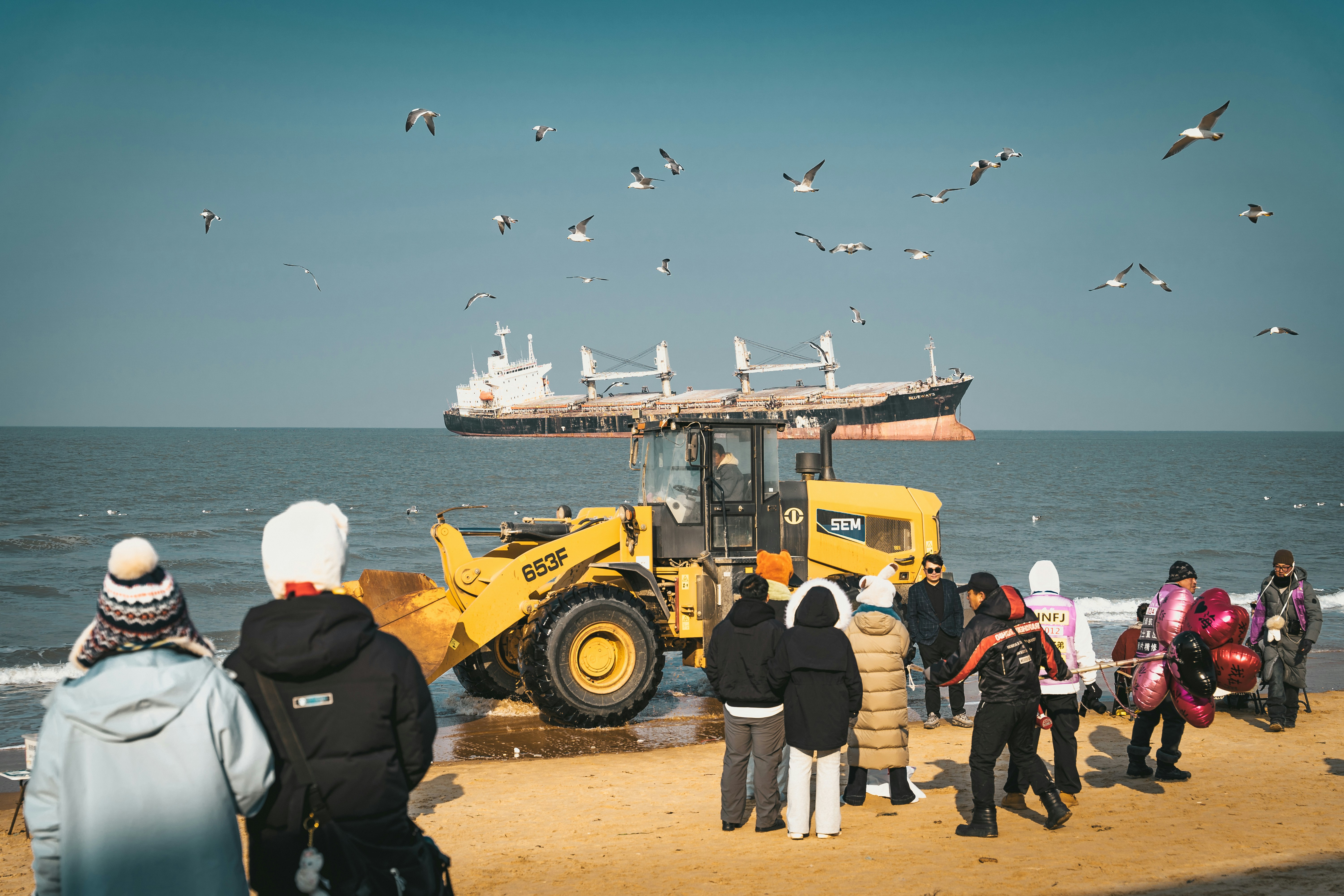 Harboring a Moment: Crowd Gathers by the Yellow Harbor Tractor