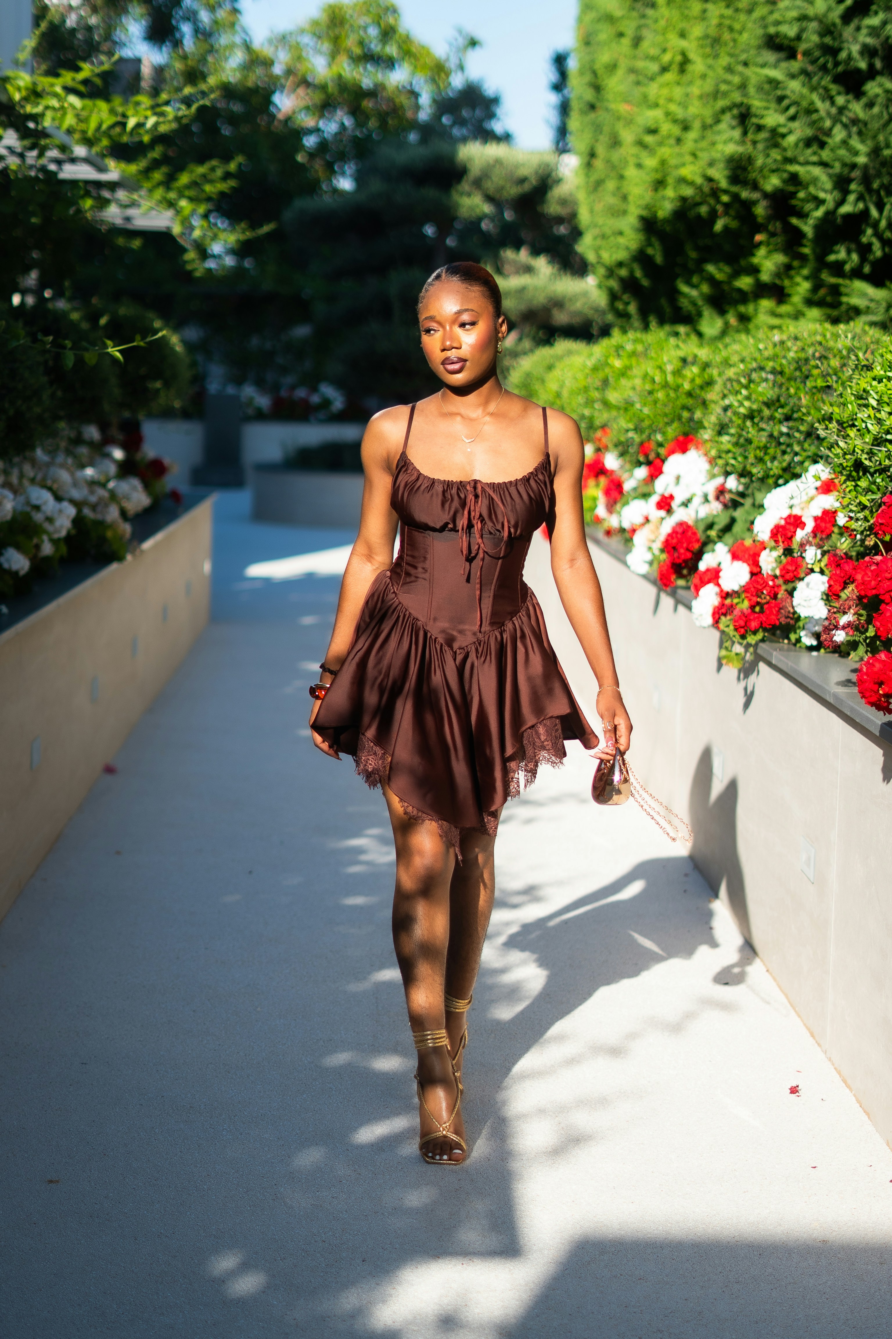 Brown Silk Frill Dress Walkway