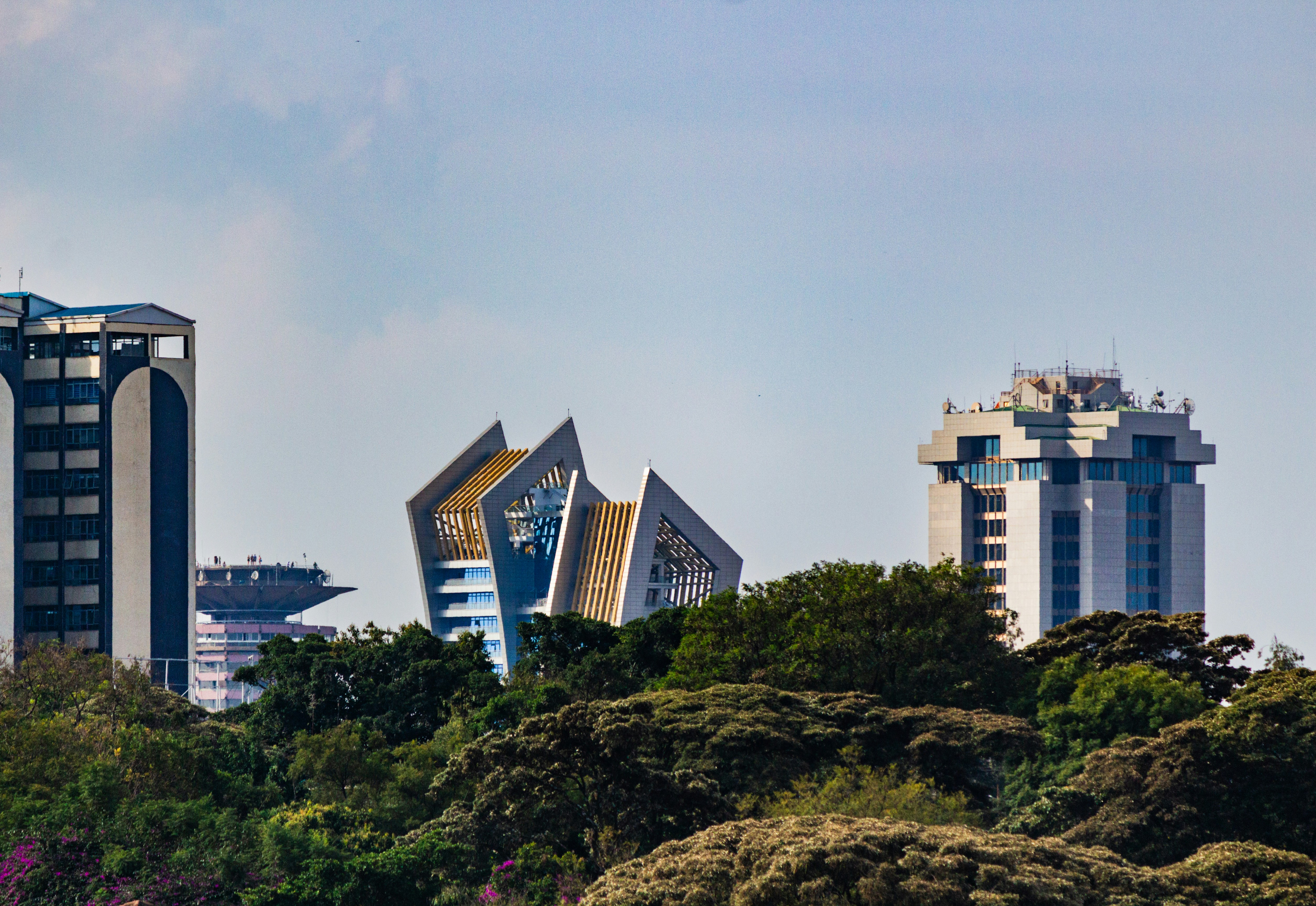 City skyscrapers rise above a tree canopy, with a trio of angular sculptural buildings creating a geometric silhouette among the greenery.
