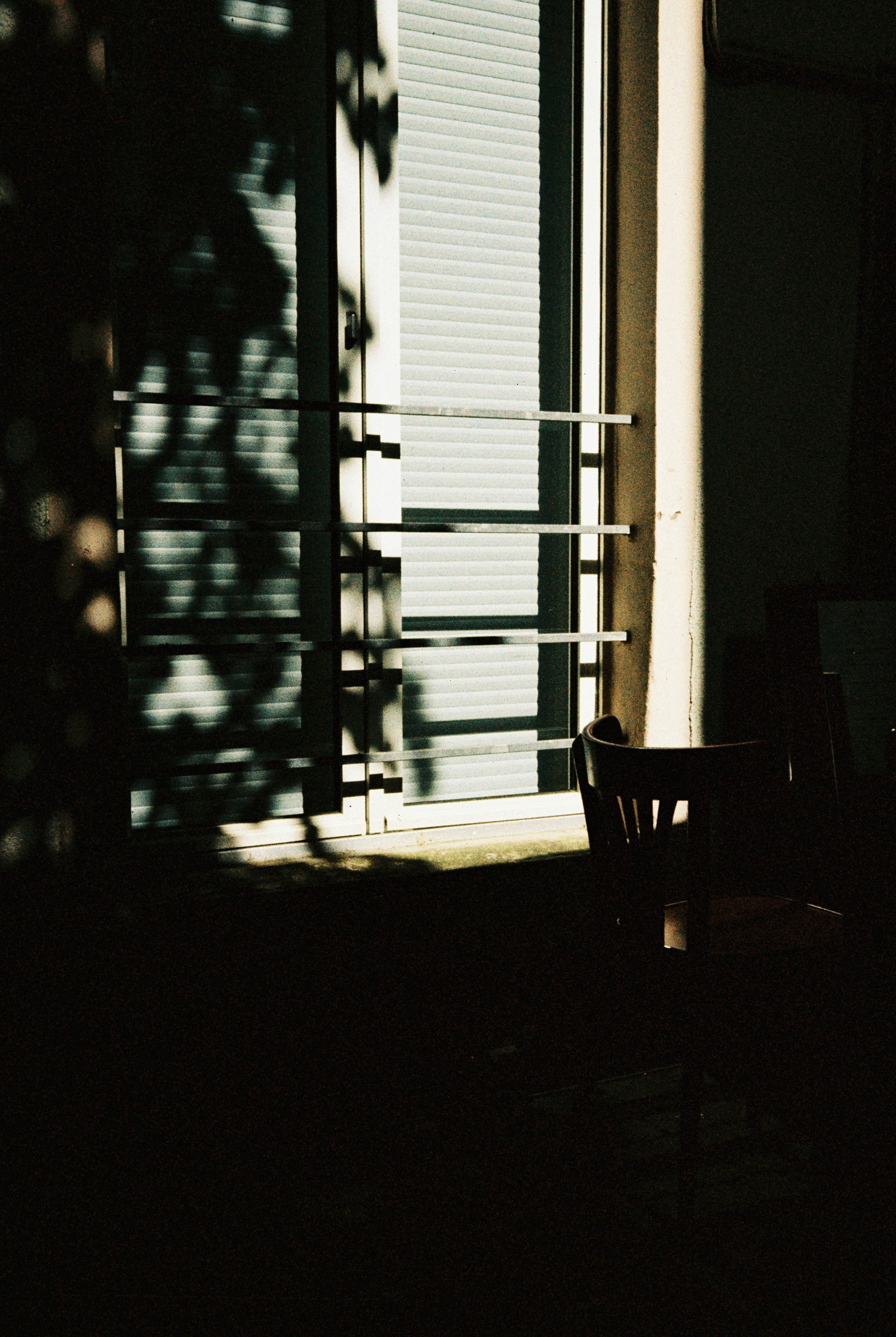Shadowed Café Corner with Sunlit Slats