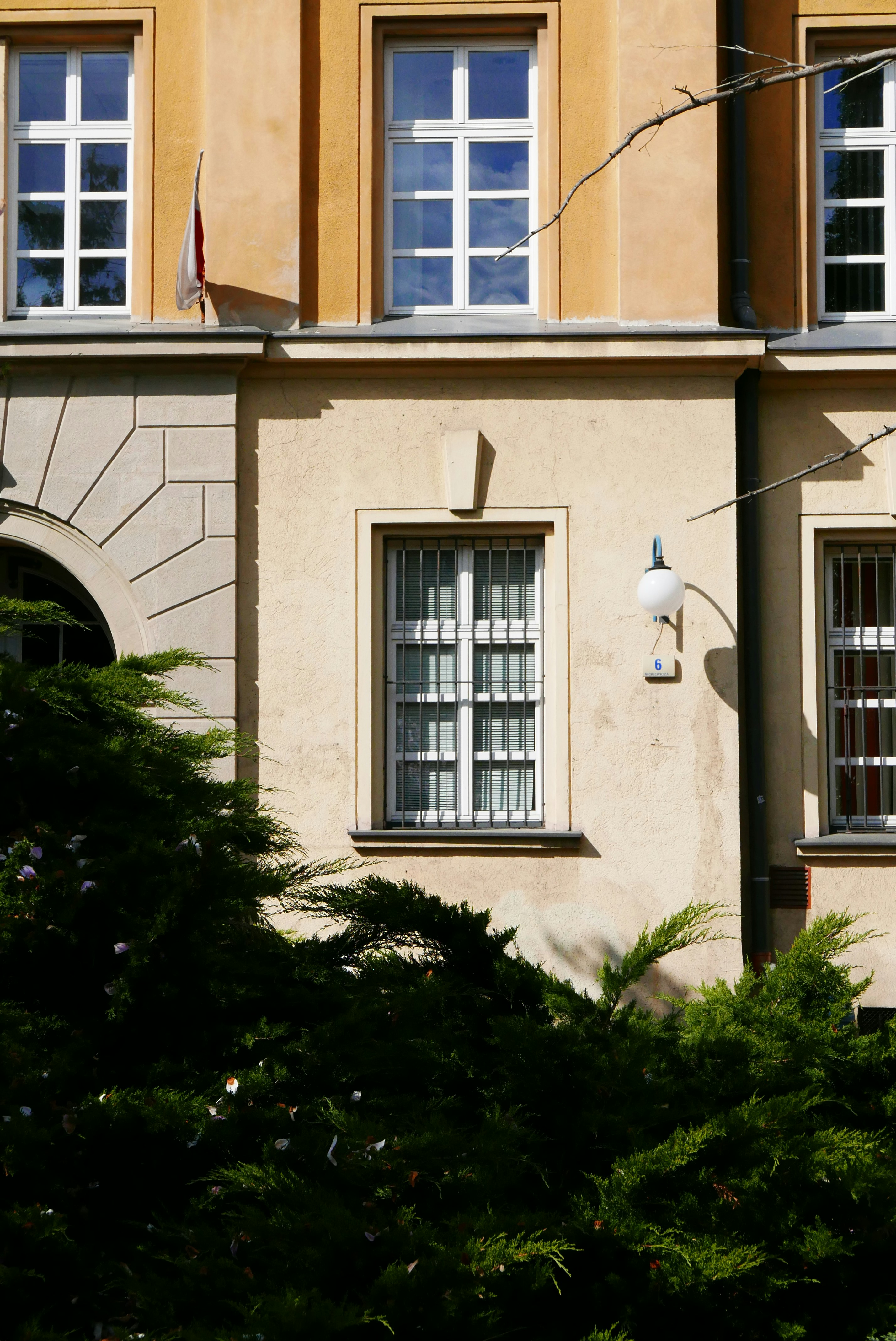 Beige building facade with white windows and green bushes.