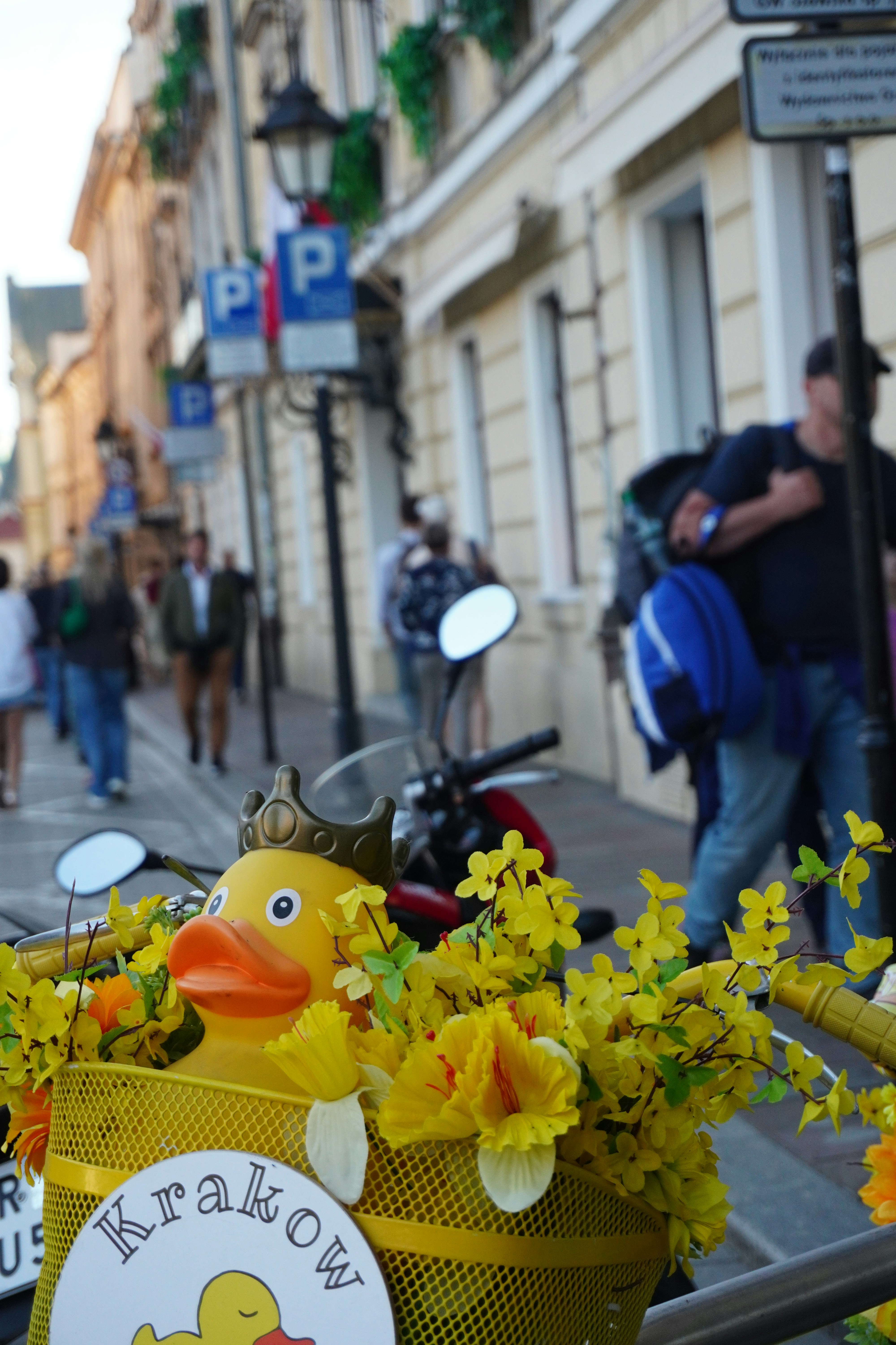Yellow Duck with Crown in Front Basket Framed by Urban Street Scene