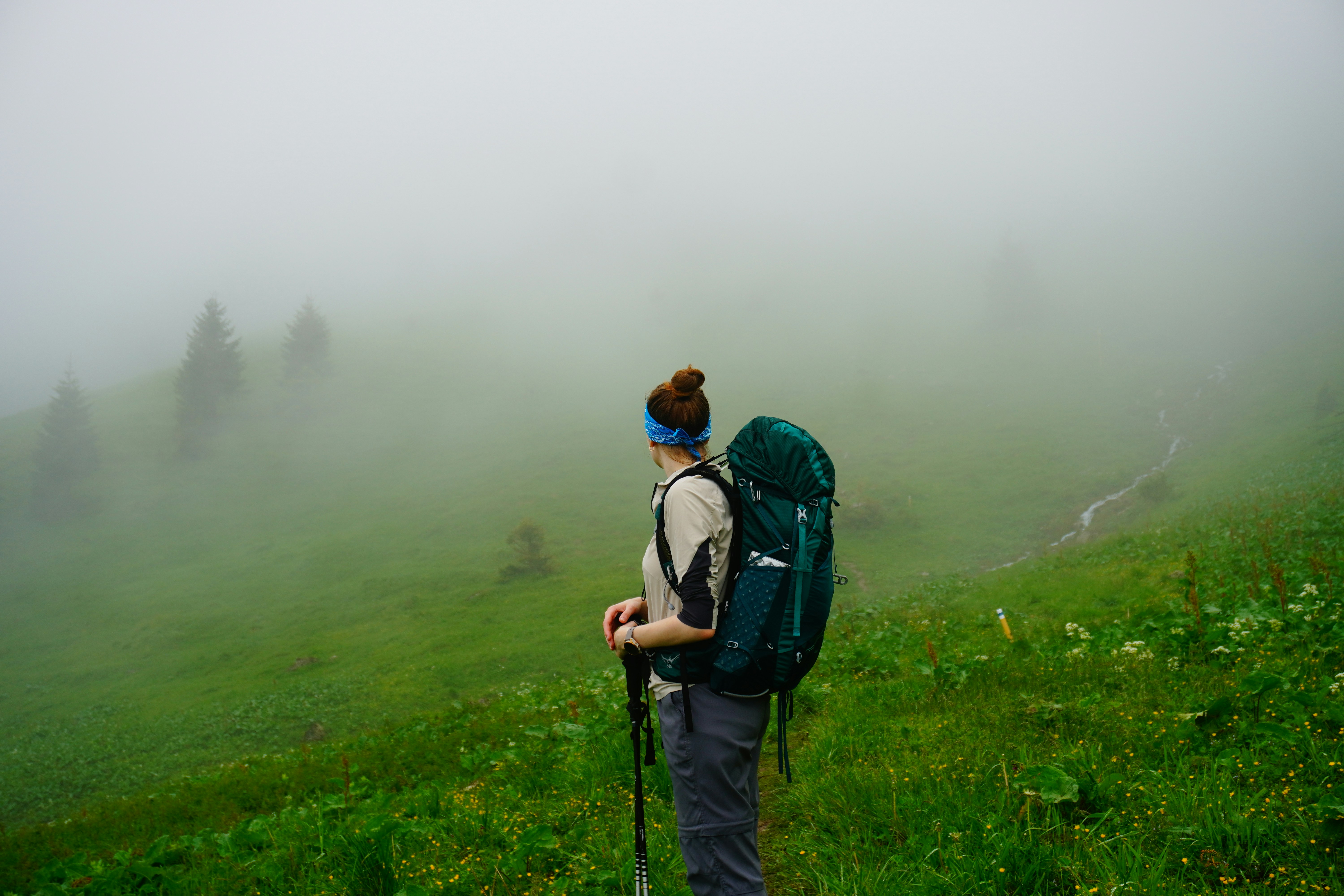 Hiker in green foggy mountains with backpack and poles.