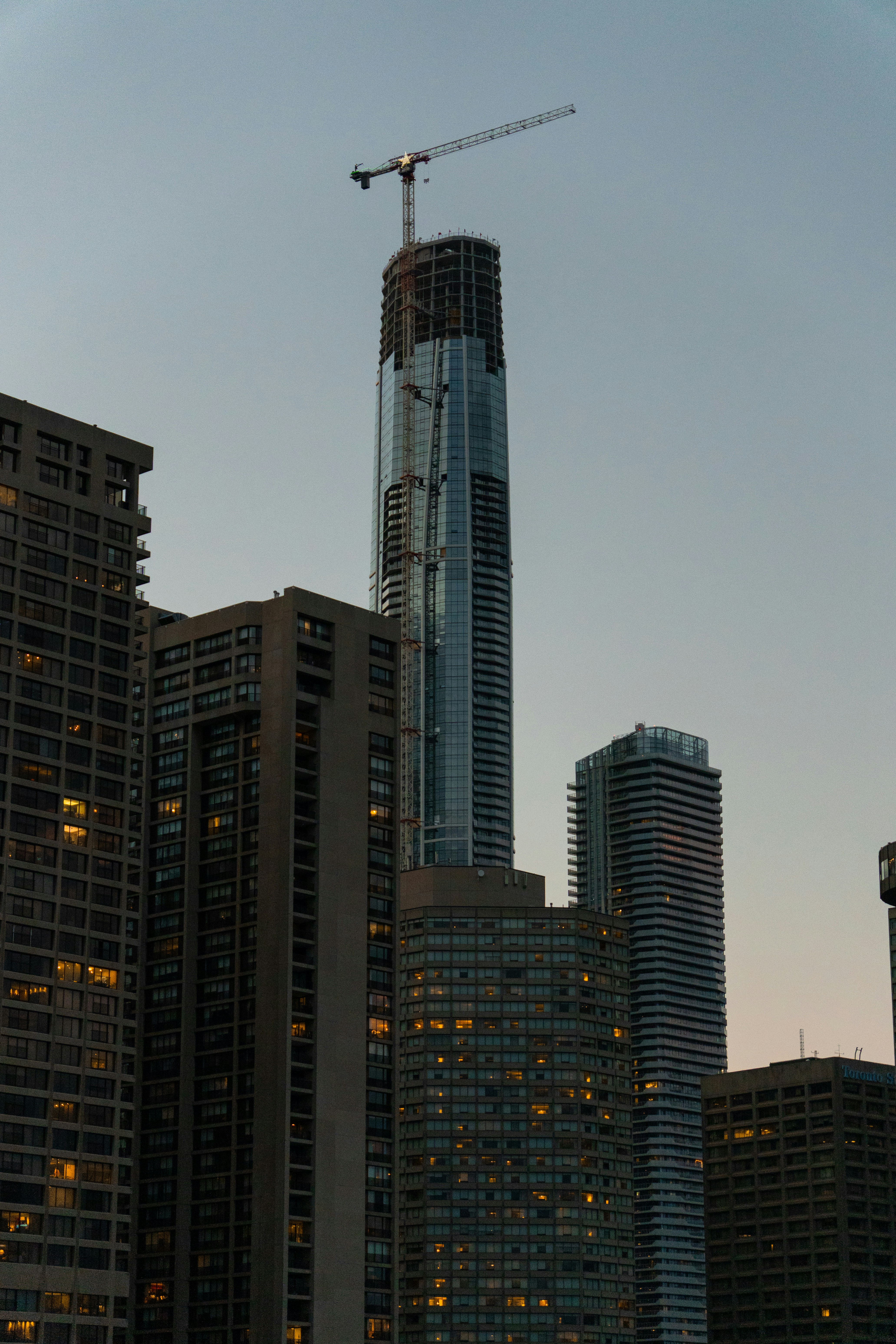 Tower Rising Above the Glass: Crane Ledger in a Dusk Skyline