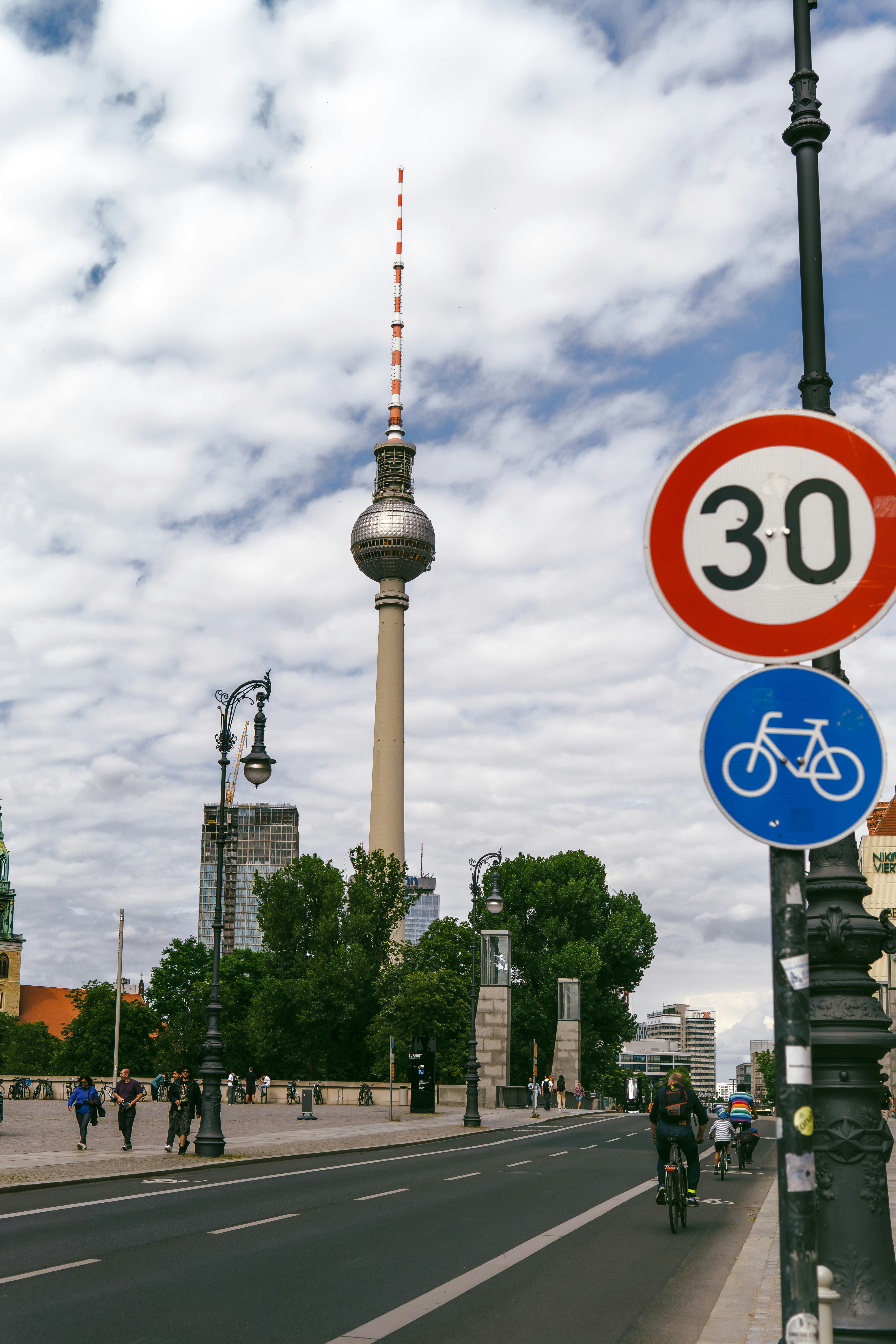 Berlin Skyline with Television Tower Framing a Lively Street