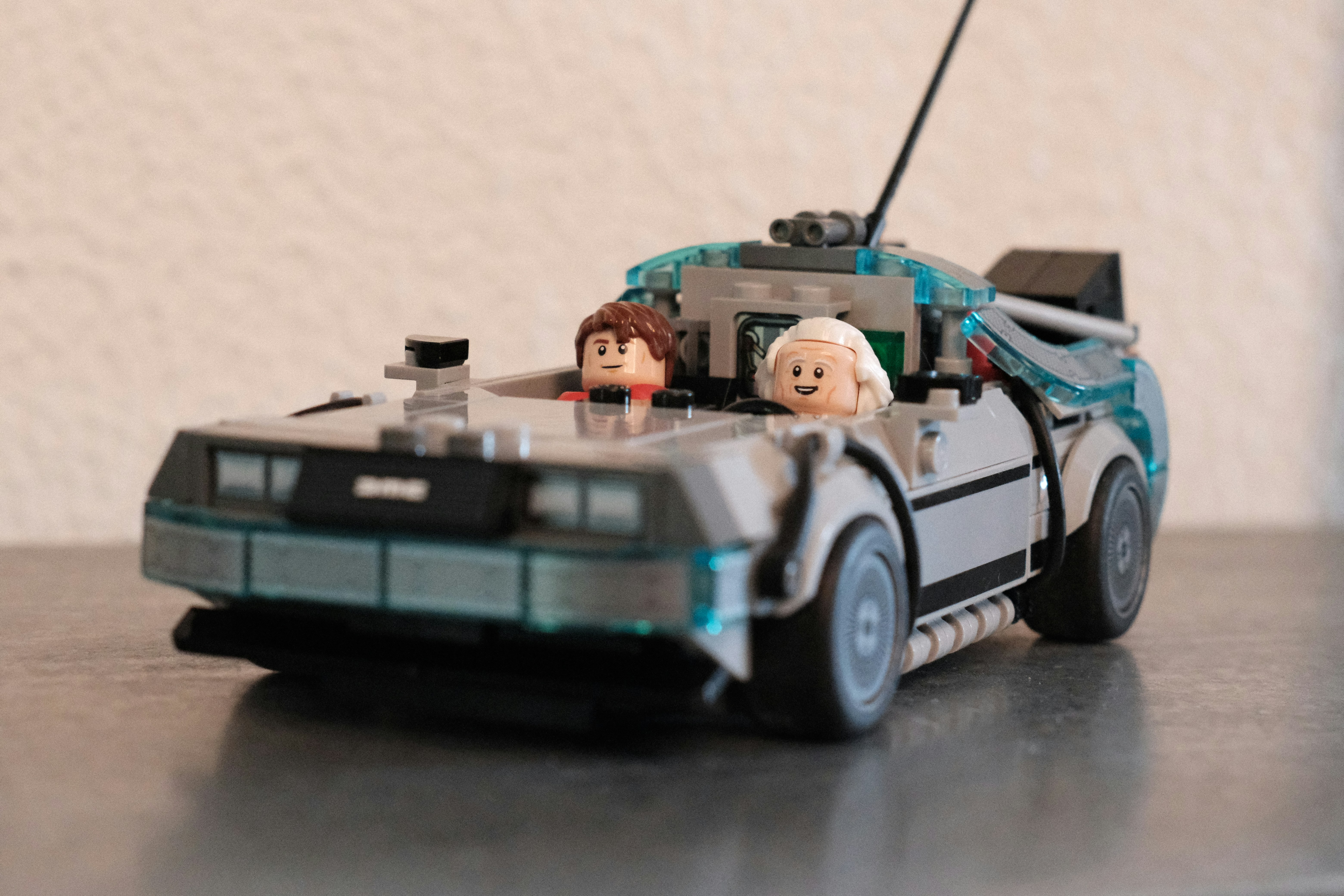 Lego delorean time machine with marty and doc minifigures.