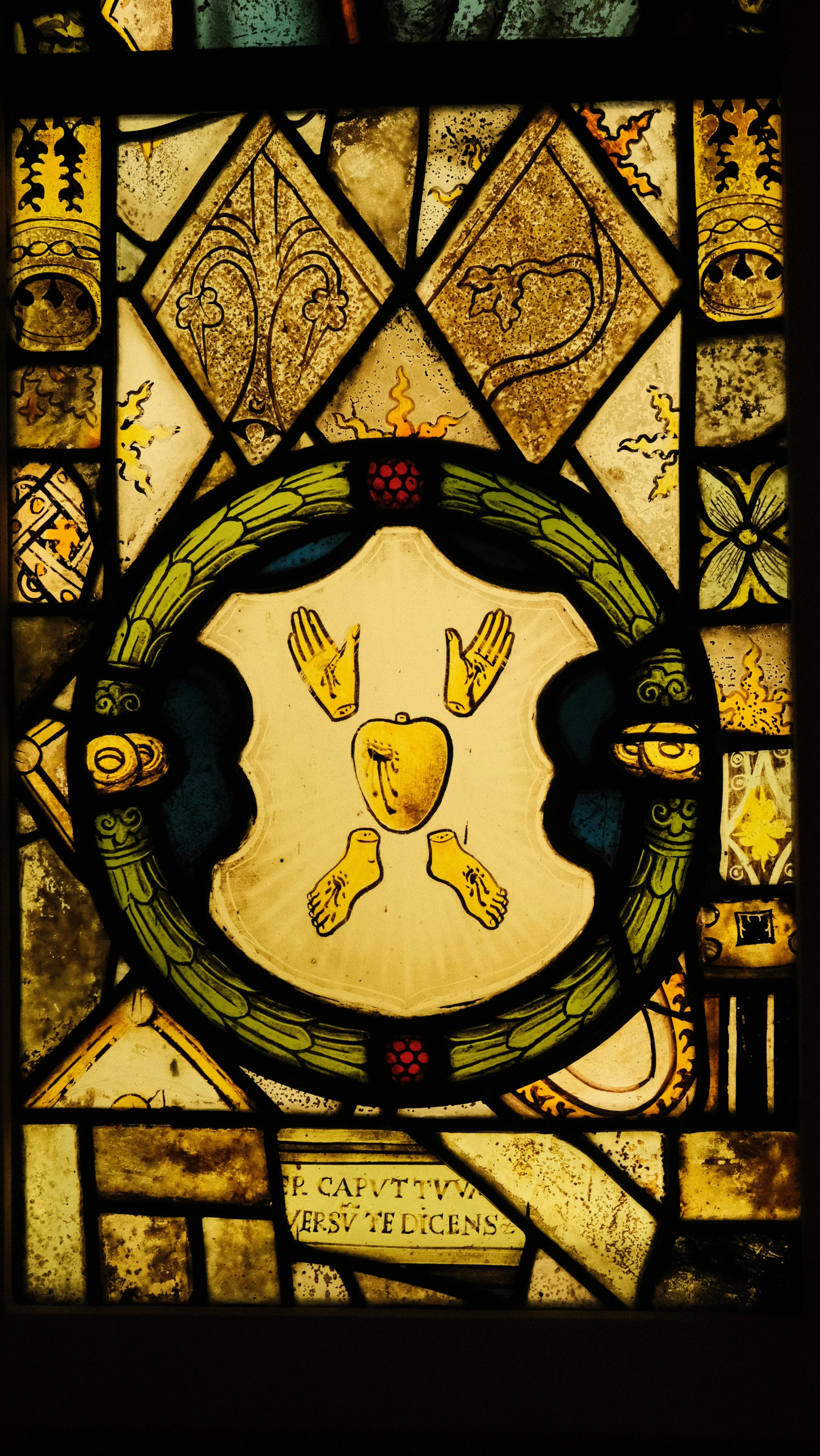 Stained Glass Emblem: Hands, Heart, and Laurel Ring