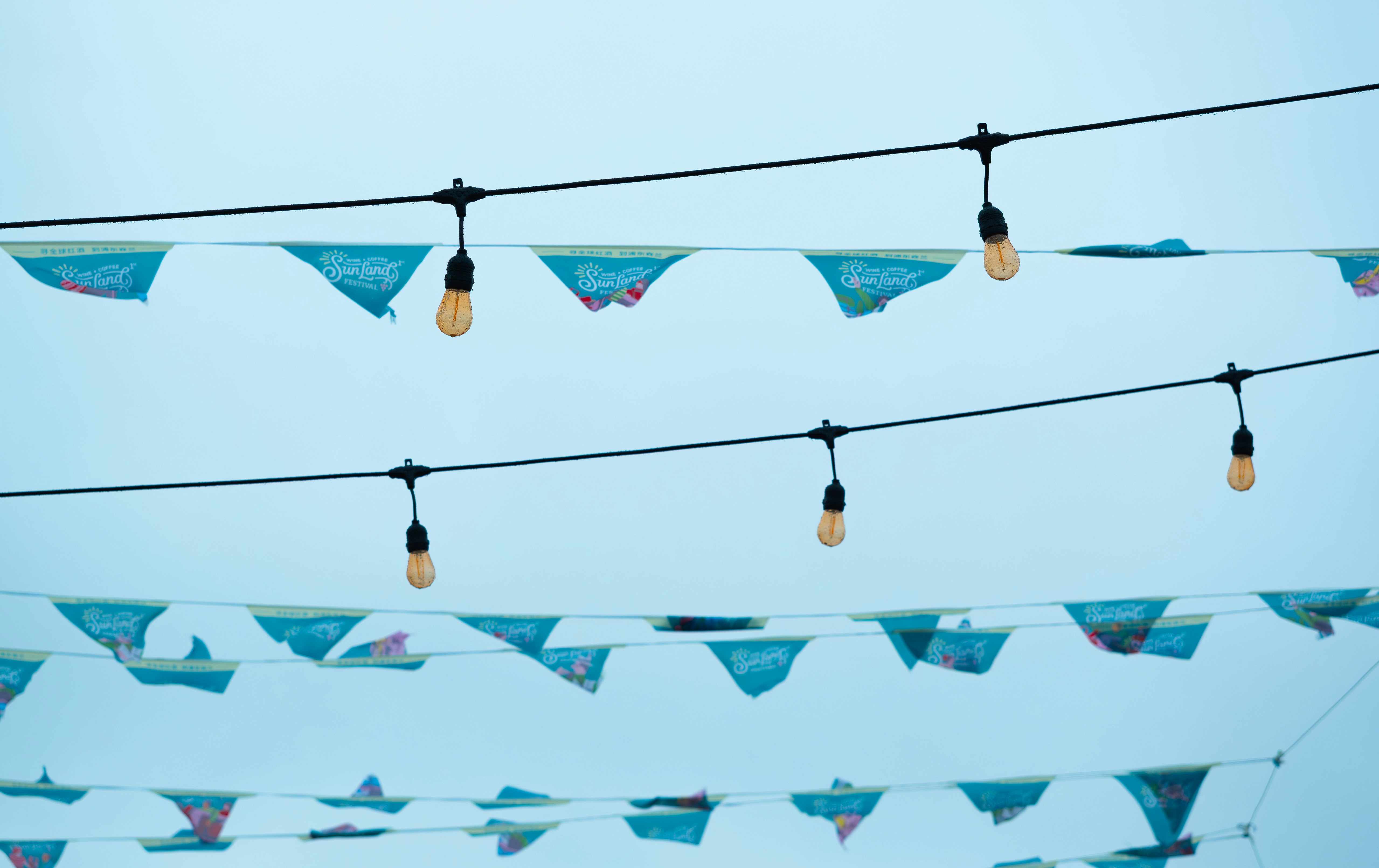 String Lights Over a Sky of Flags