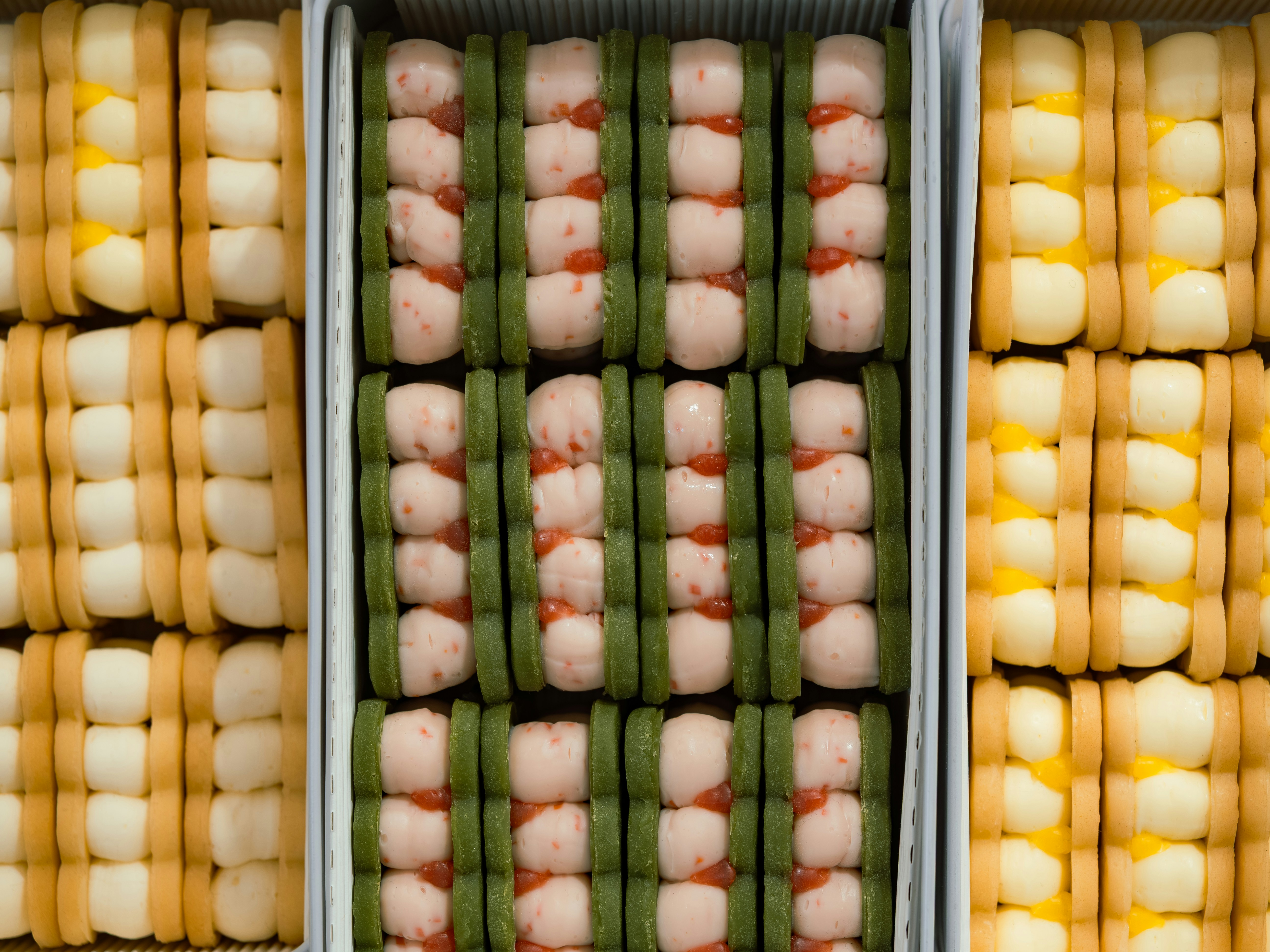 Symmetrical Trays of Fruited Marshmallow Cookies Threaded with Green Spirals