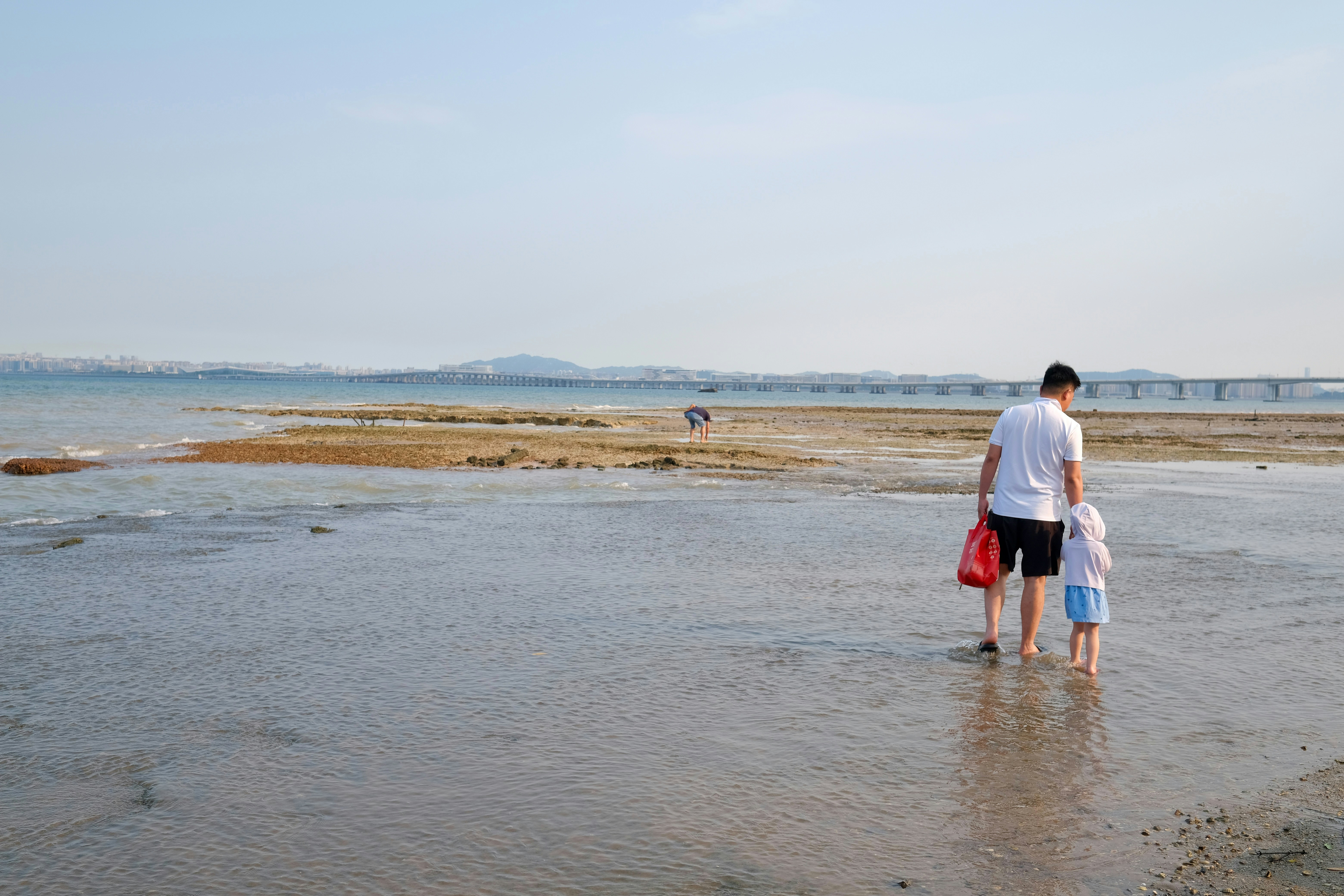 Two figures, a man and a child, walk together along a shallow coastal shore with calm water and distant land visible under a pale blue sky.