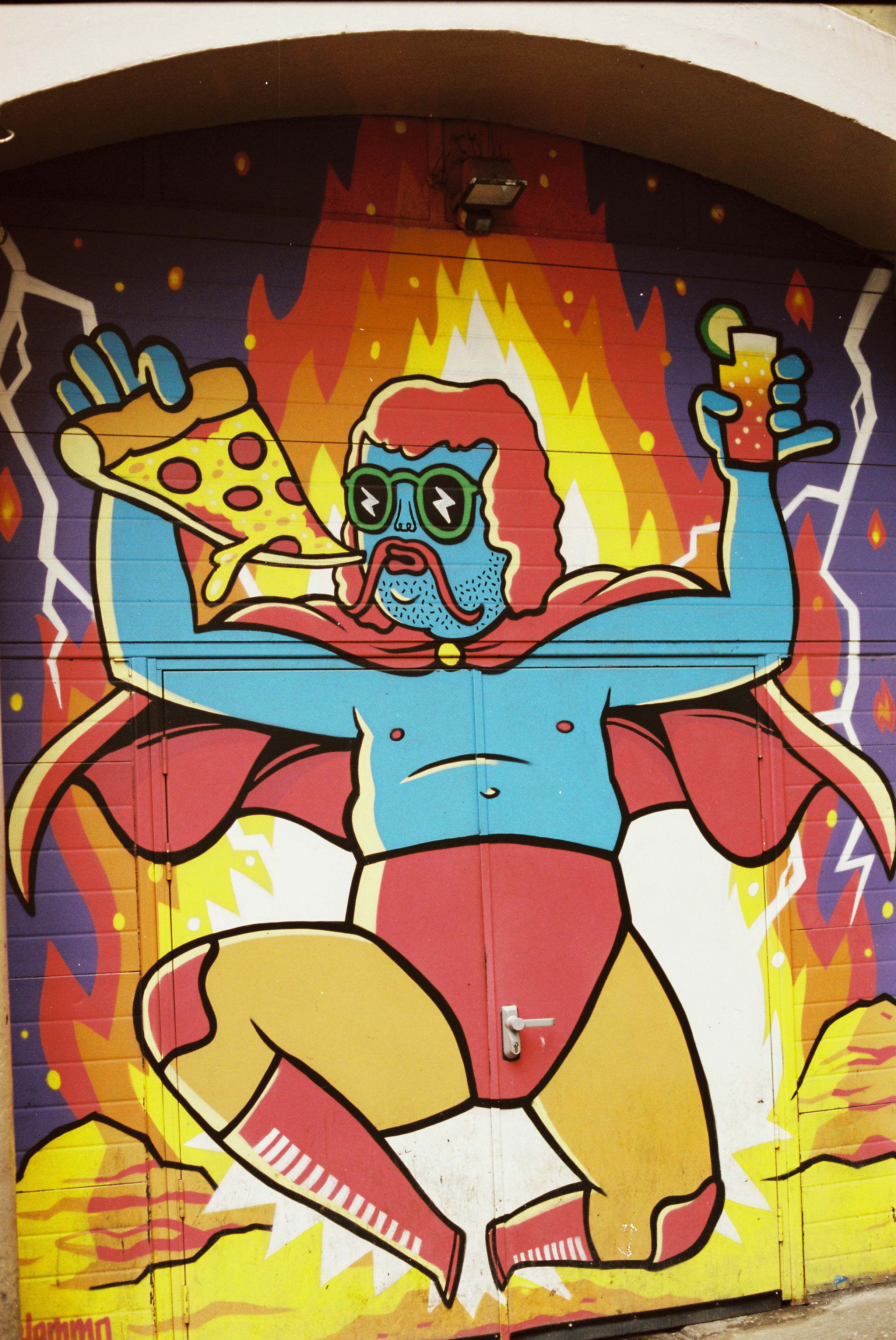 Flaming Hero with Pizza in a Burst of Color