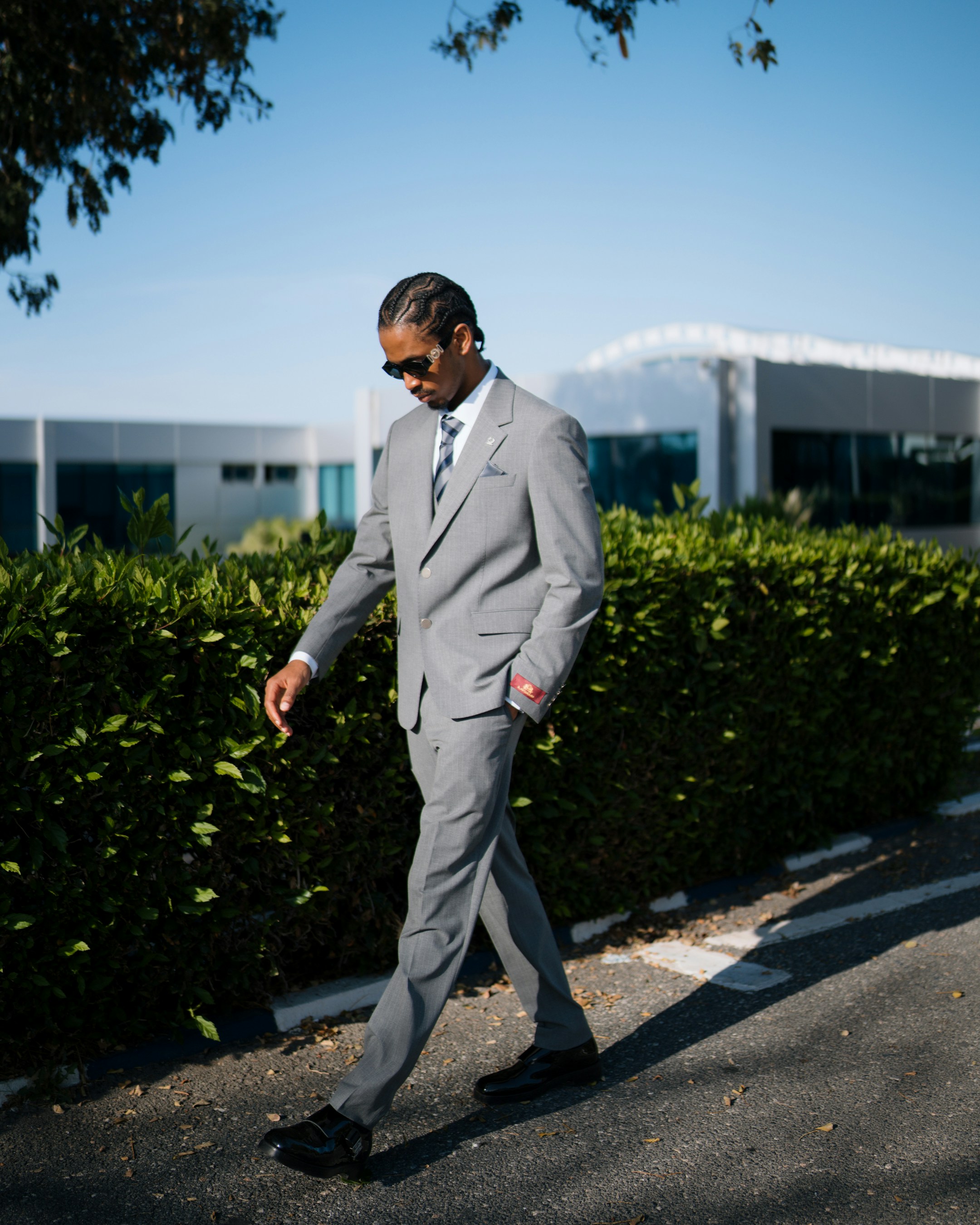 Grey-Suited Stride: A Quiet Walk past a Green Hedge