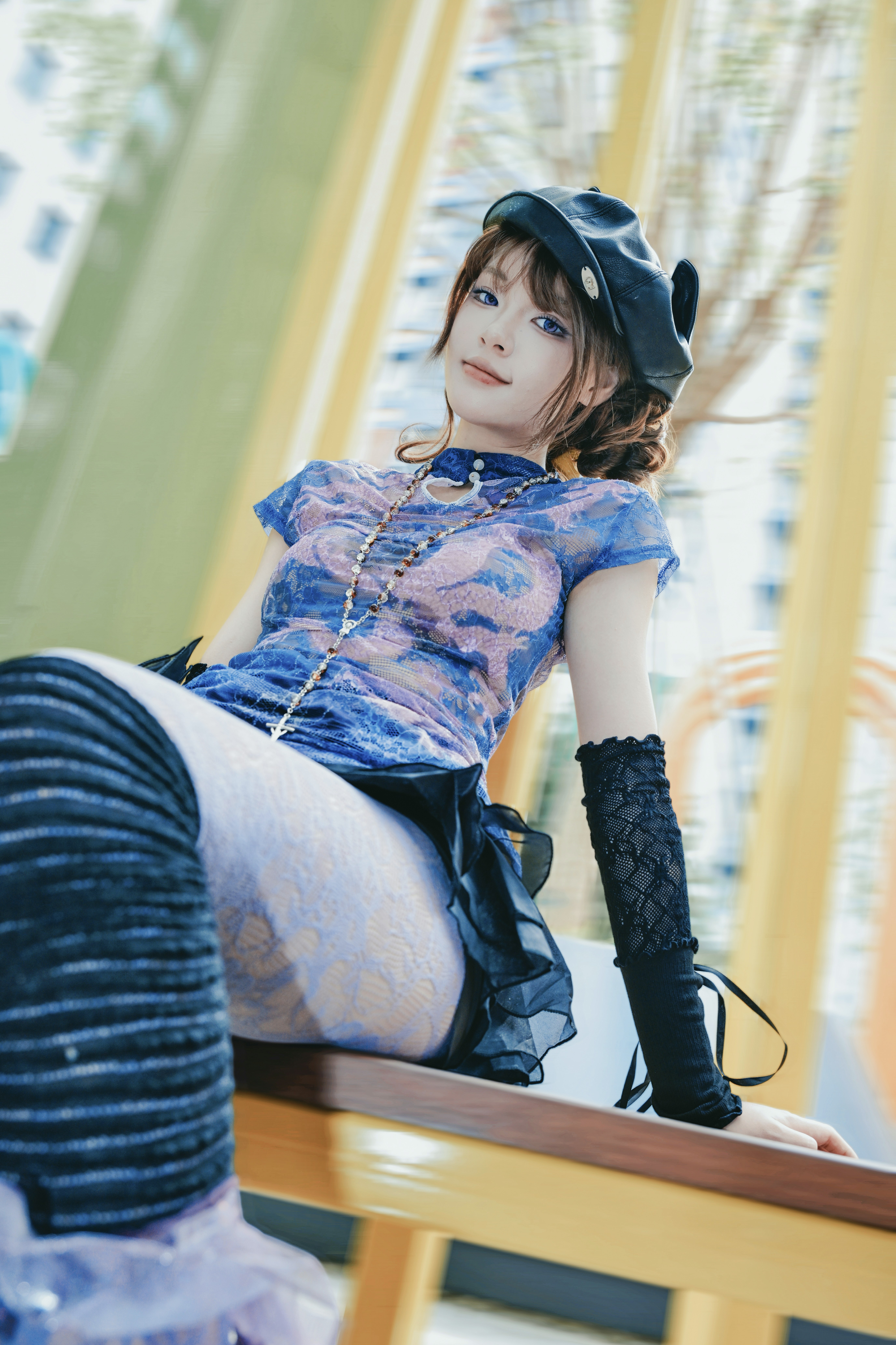 Pastel Portrait on a Colorful Playground Bench
