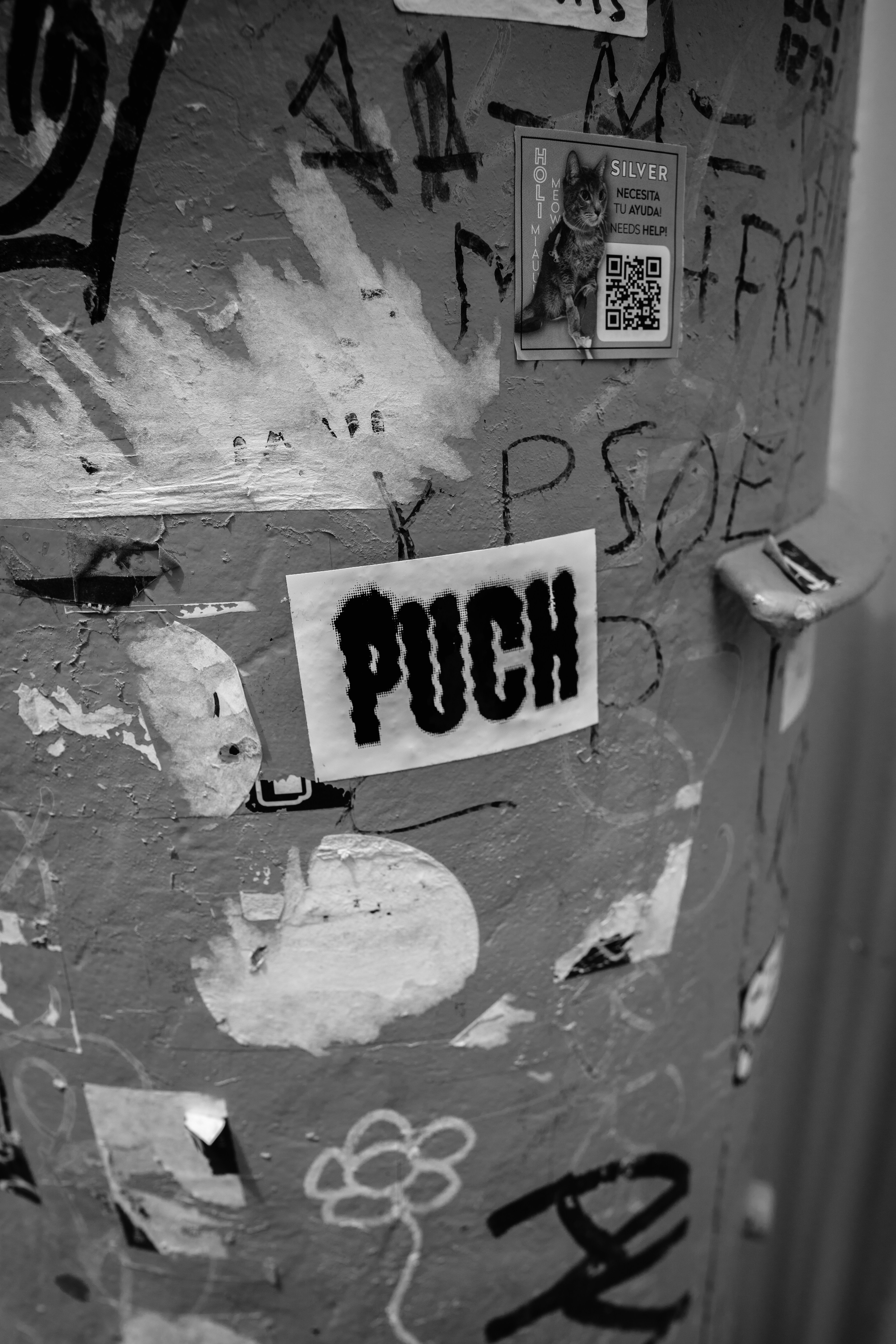 Stickered Metal: A Graffiti-Patched Doorway with Bold 'POCH' Tag