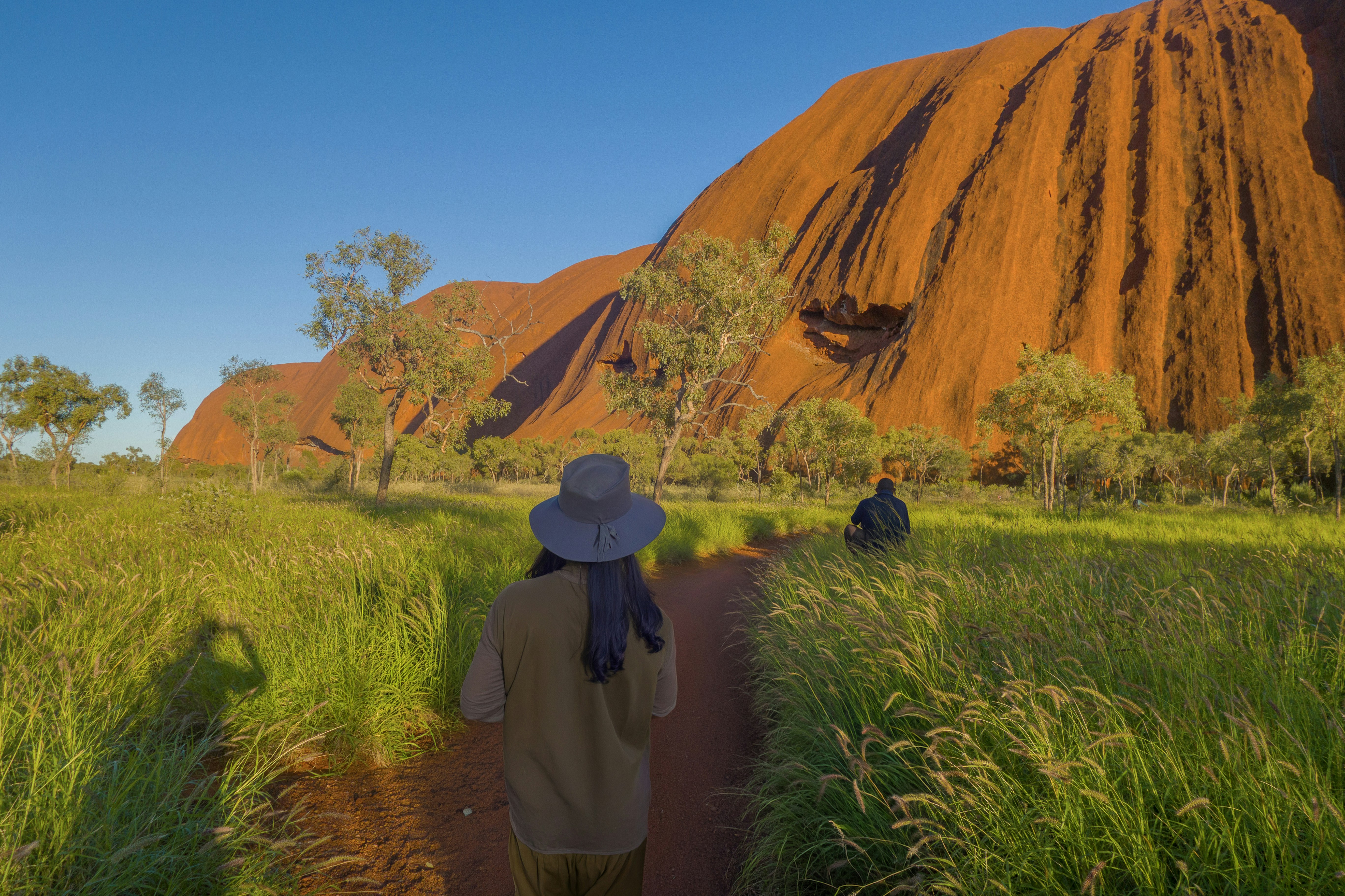 Hiker on a grassy path approaching uluru at sunset