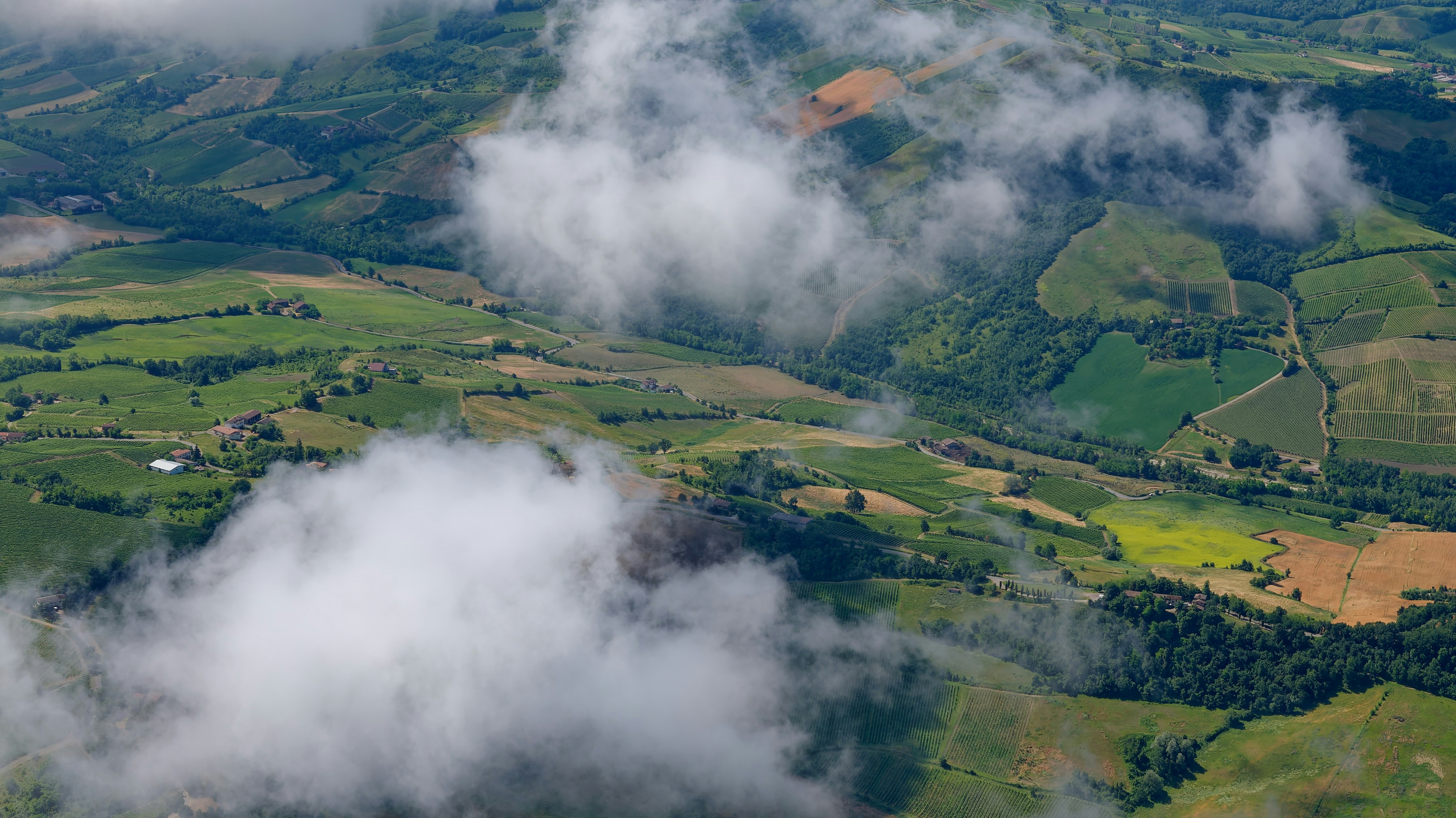 Lush green landscape with scattered white clouds from above.