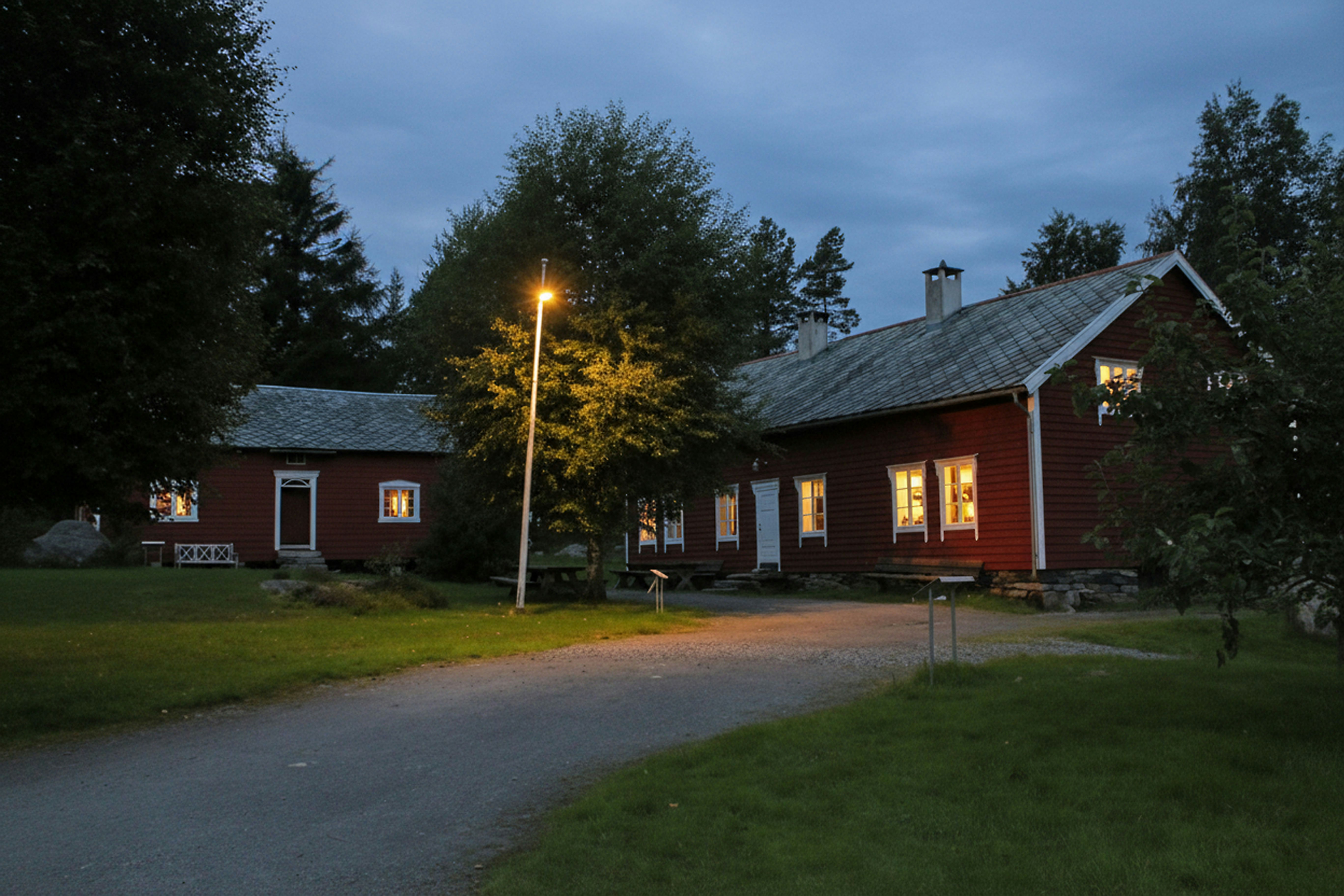 Lamplight Over Red Timber: A Quiet Nordic Homestead at Dusk