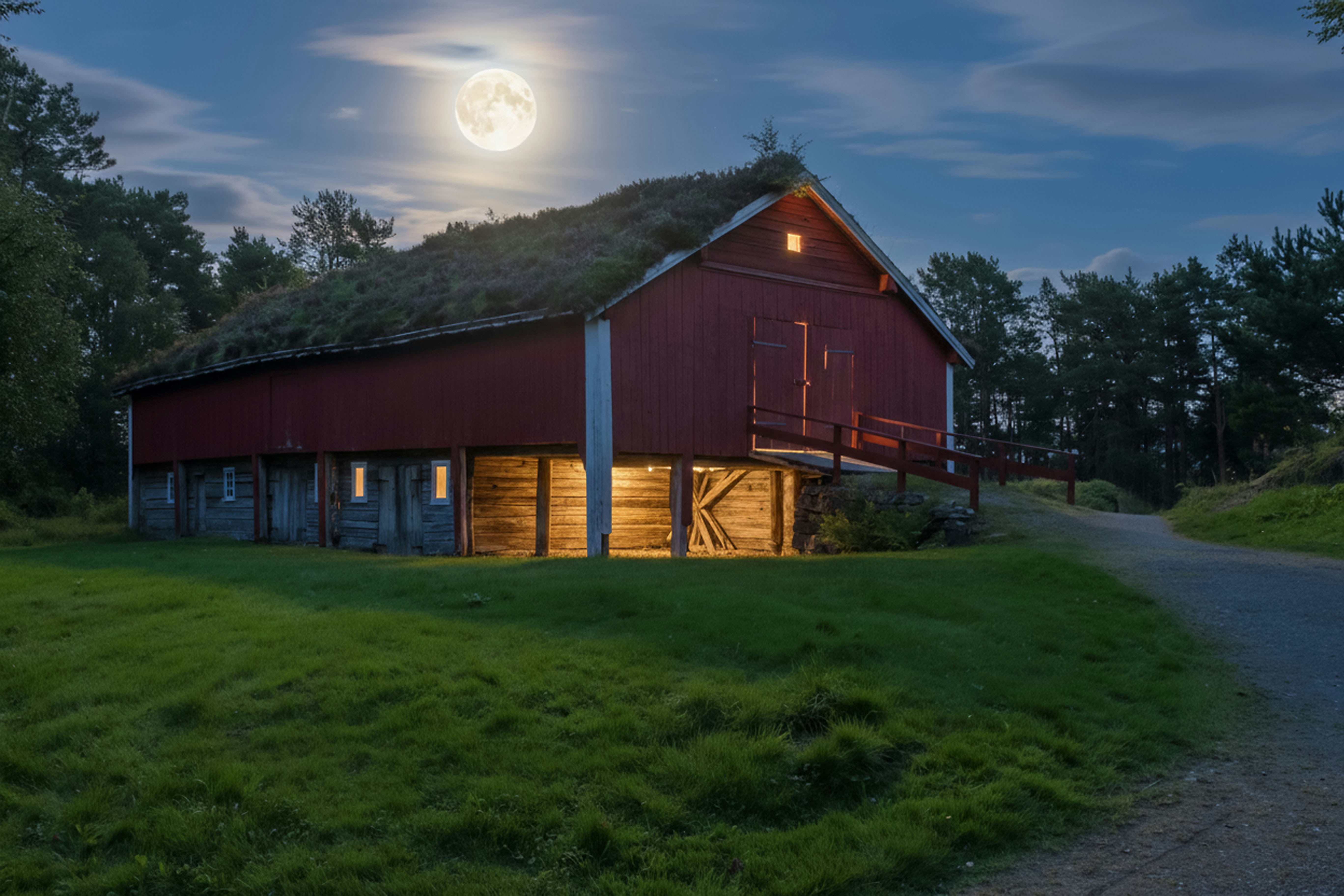 Moonlit Granary Under a Quiet Night Sky