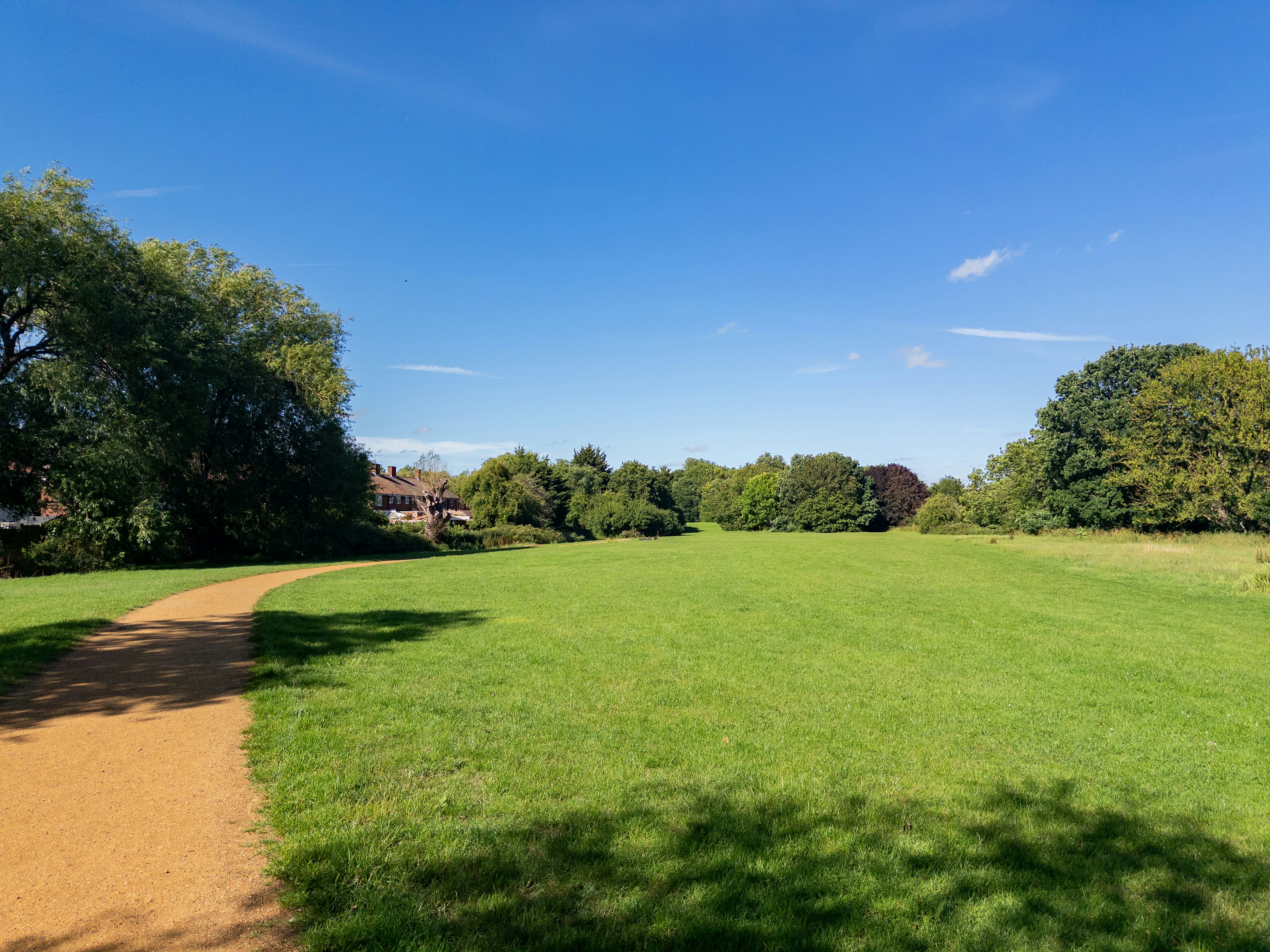 A curving dirt path next to a wide green field.