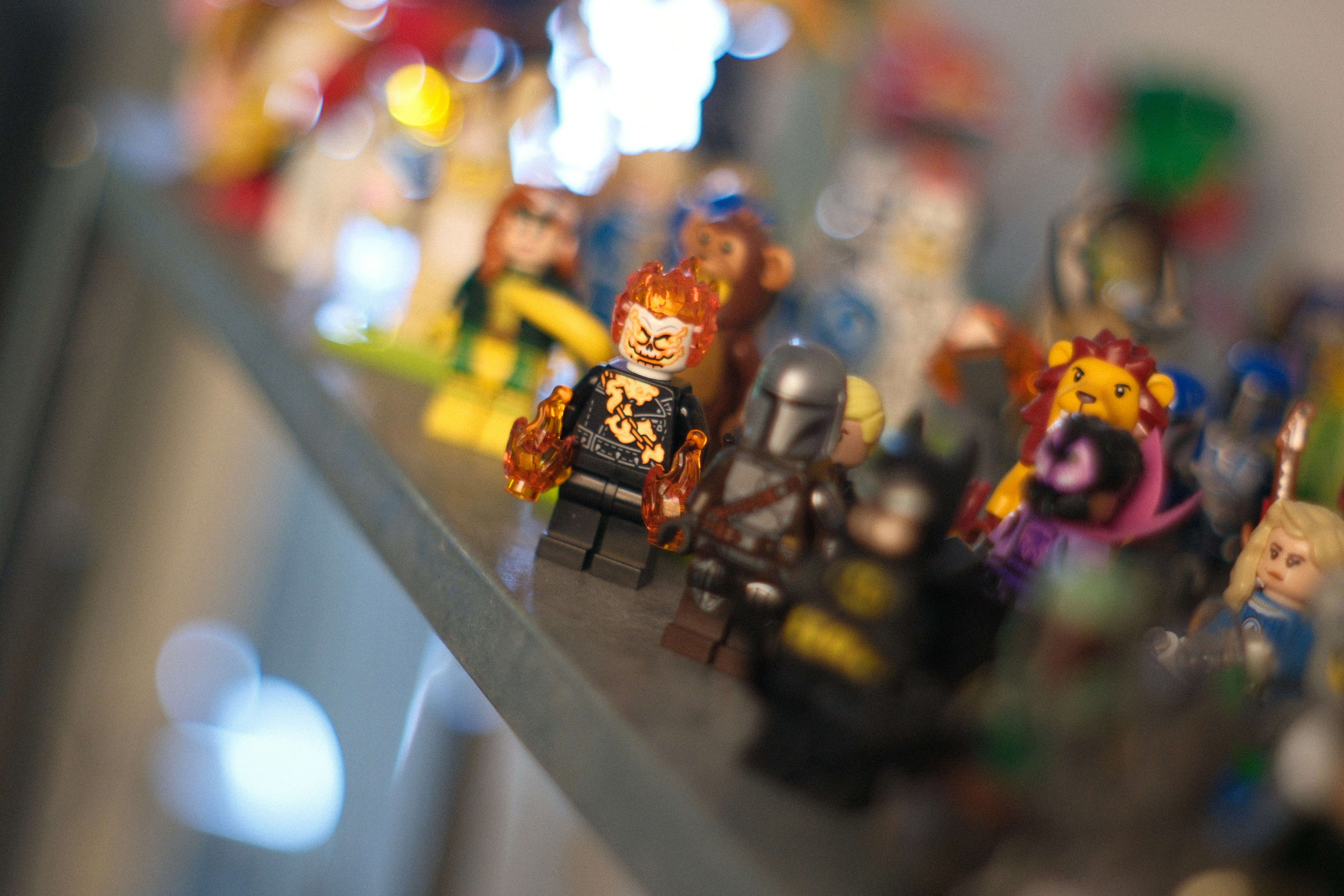 Brick-faced hero: a row of quirky LEGO figures under warm showroom glow