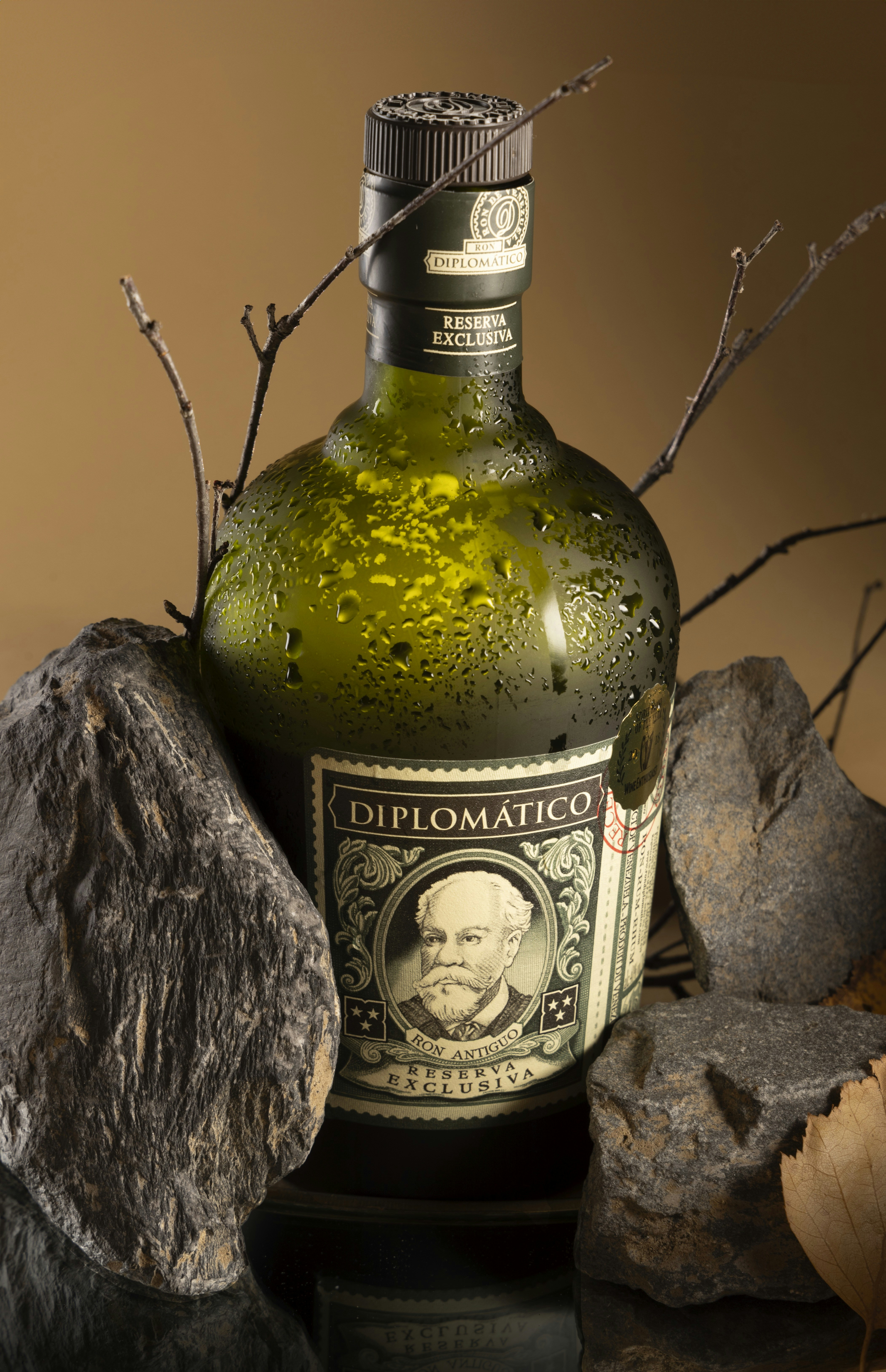 A mossy bottle of Diplomático sits nestled among rugged rocks and bare branches, condensation gleaming on the glass. The scene emphasizes rustic still life with a warm, amber backdrop.