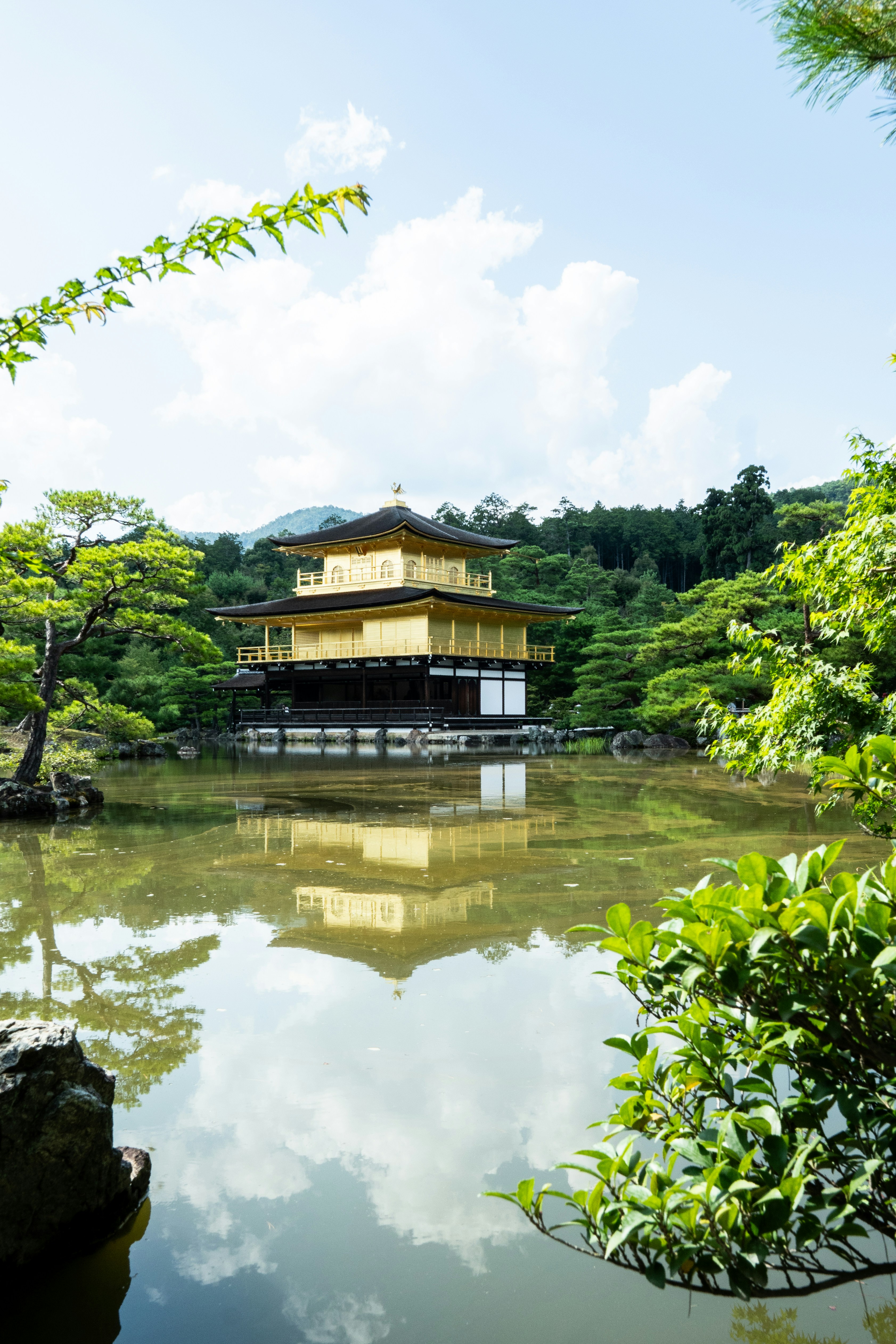 Serene golden temple reflecting in a pond amidst green trees.