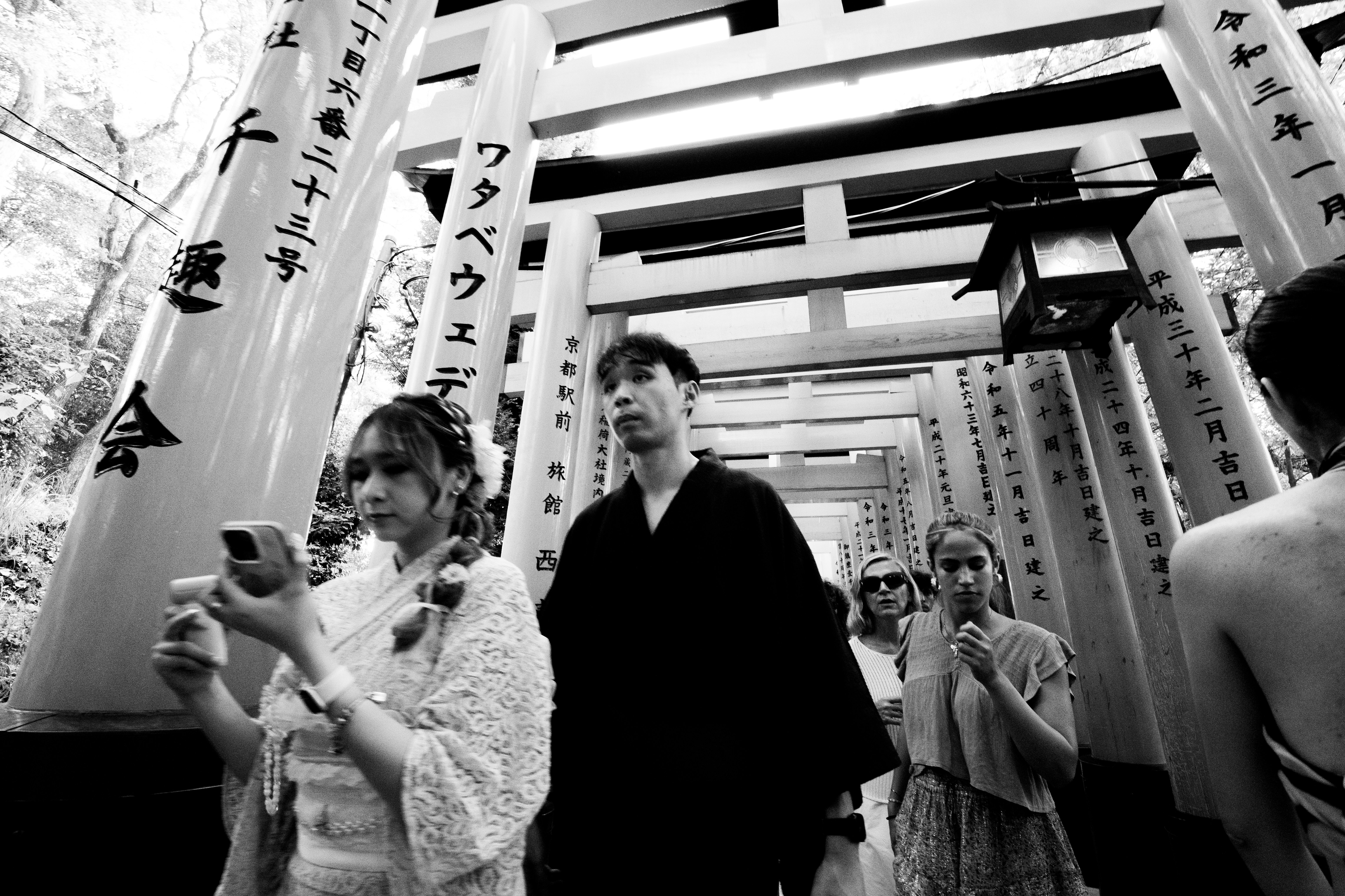 Ritual Path: Travelers Beneath Torii Columns