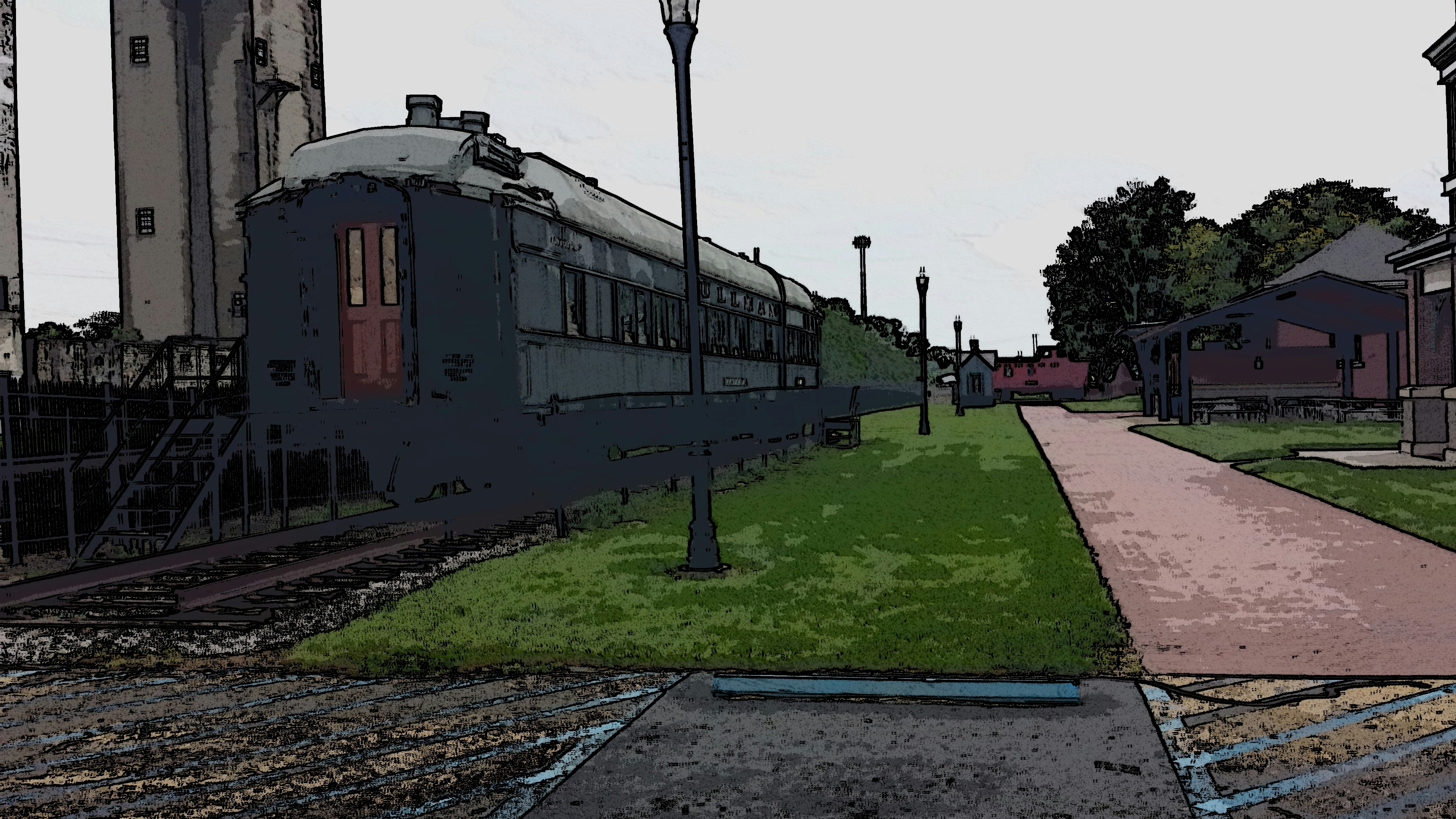 Industrial train car and station path scene at dusk with a grassy platform, lampposts, and distant structures.