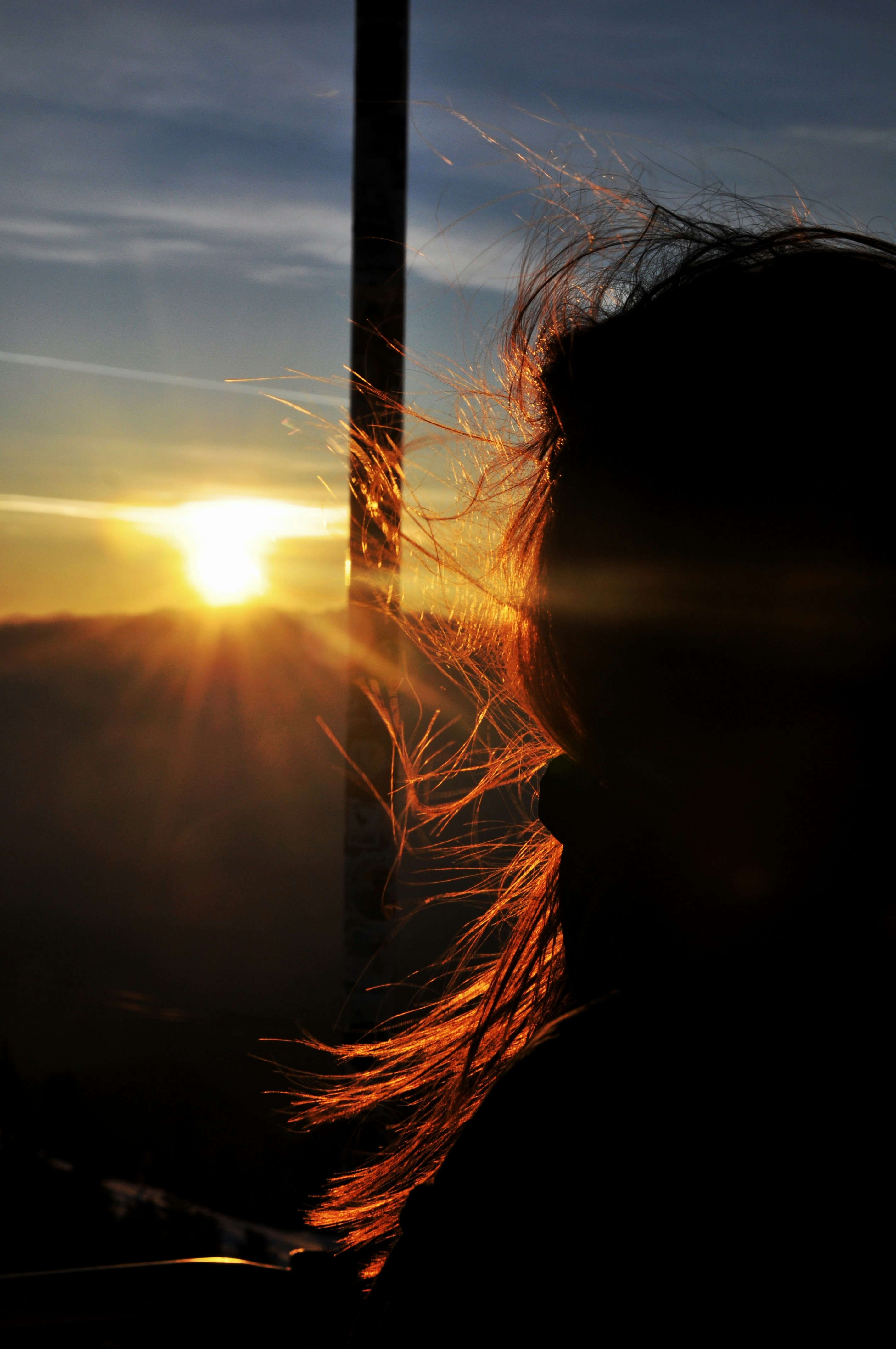 Backlit Silhouette at Sunset with Flared Hair Strands
