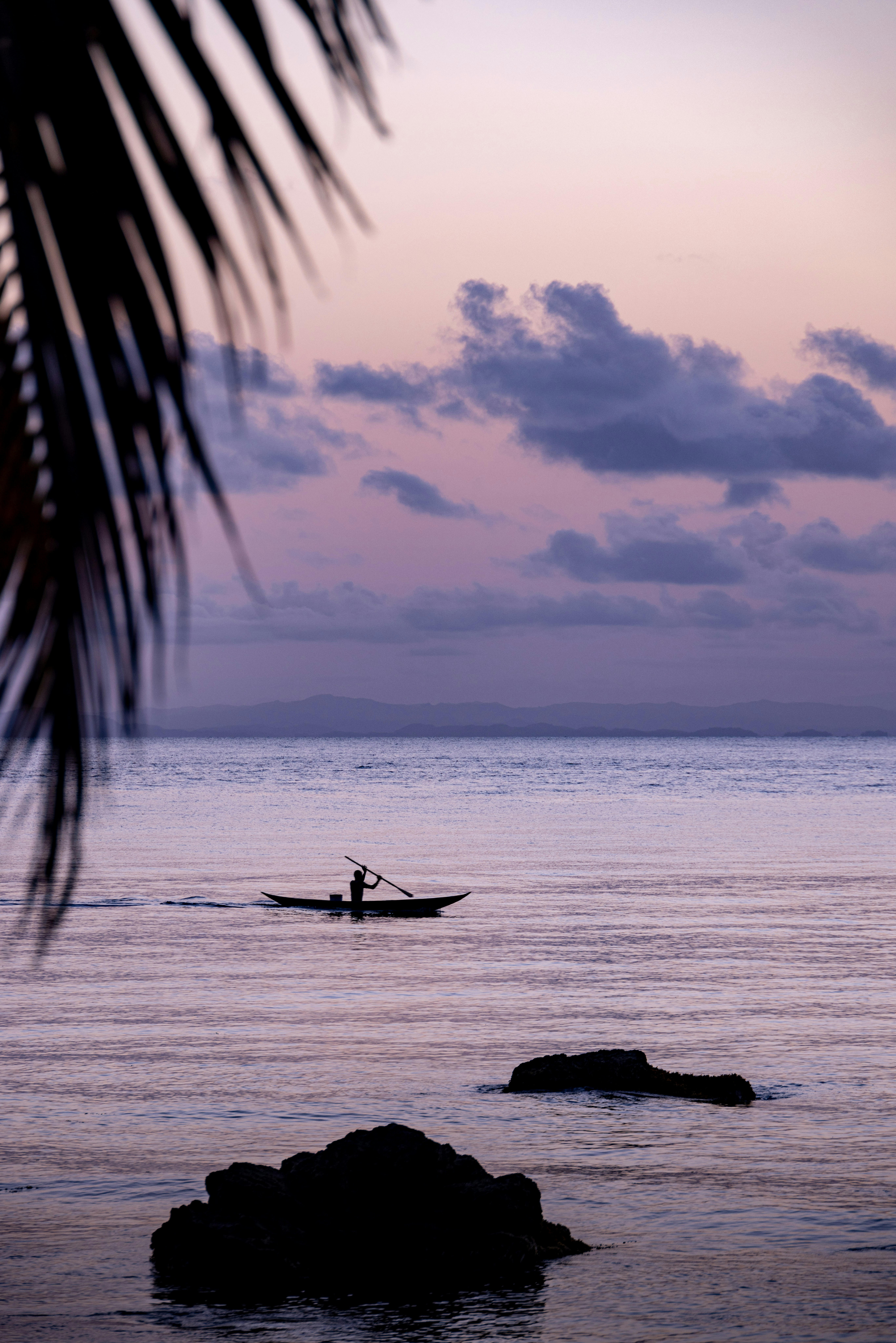 Silhouette of a paddler beneath a pastel horizon