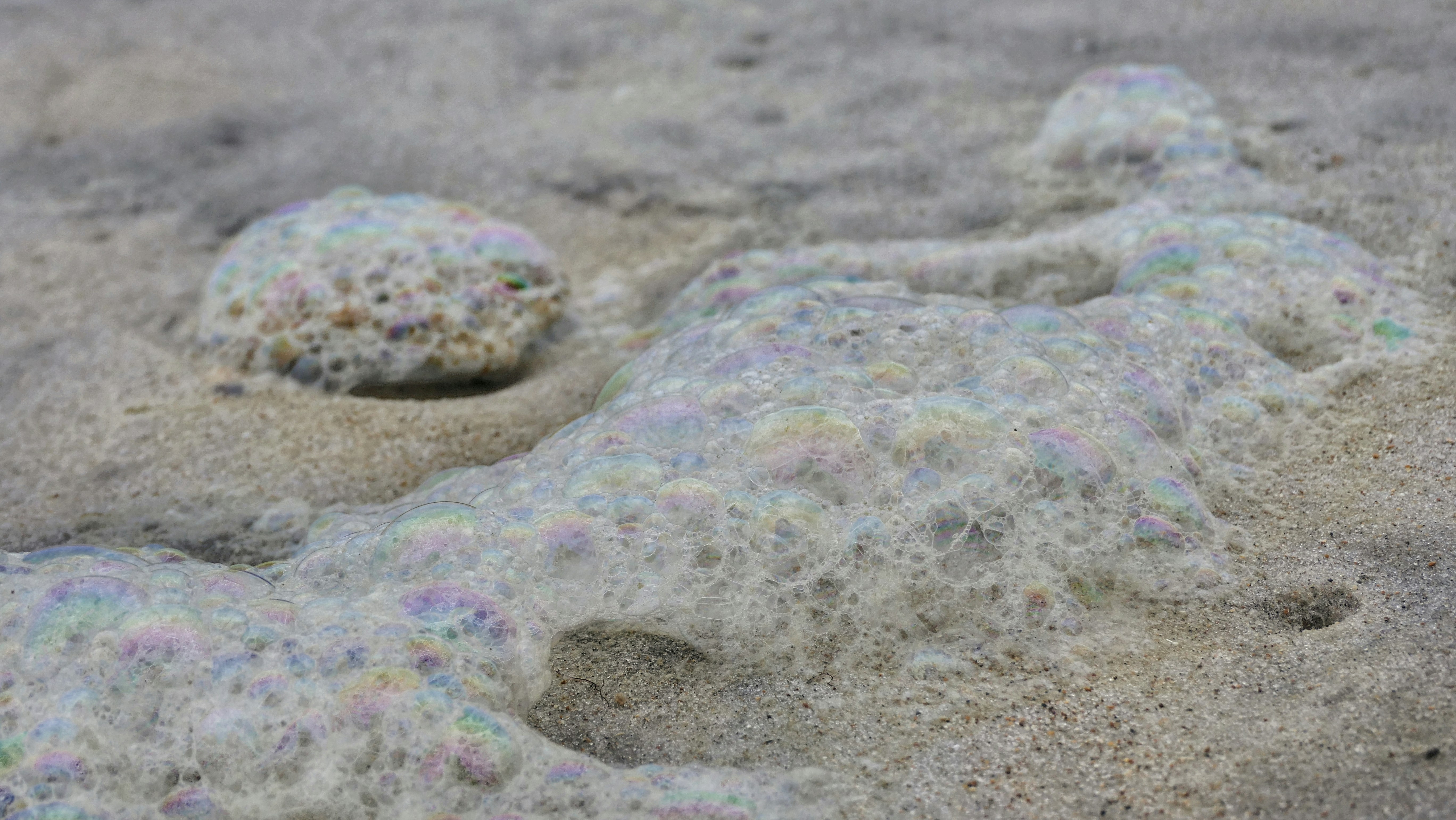 Pearly Bubbles on Quiet Sand: A Close-Up of Beach Foam Textures