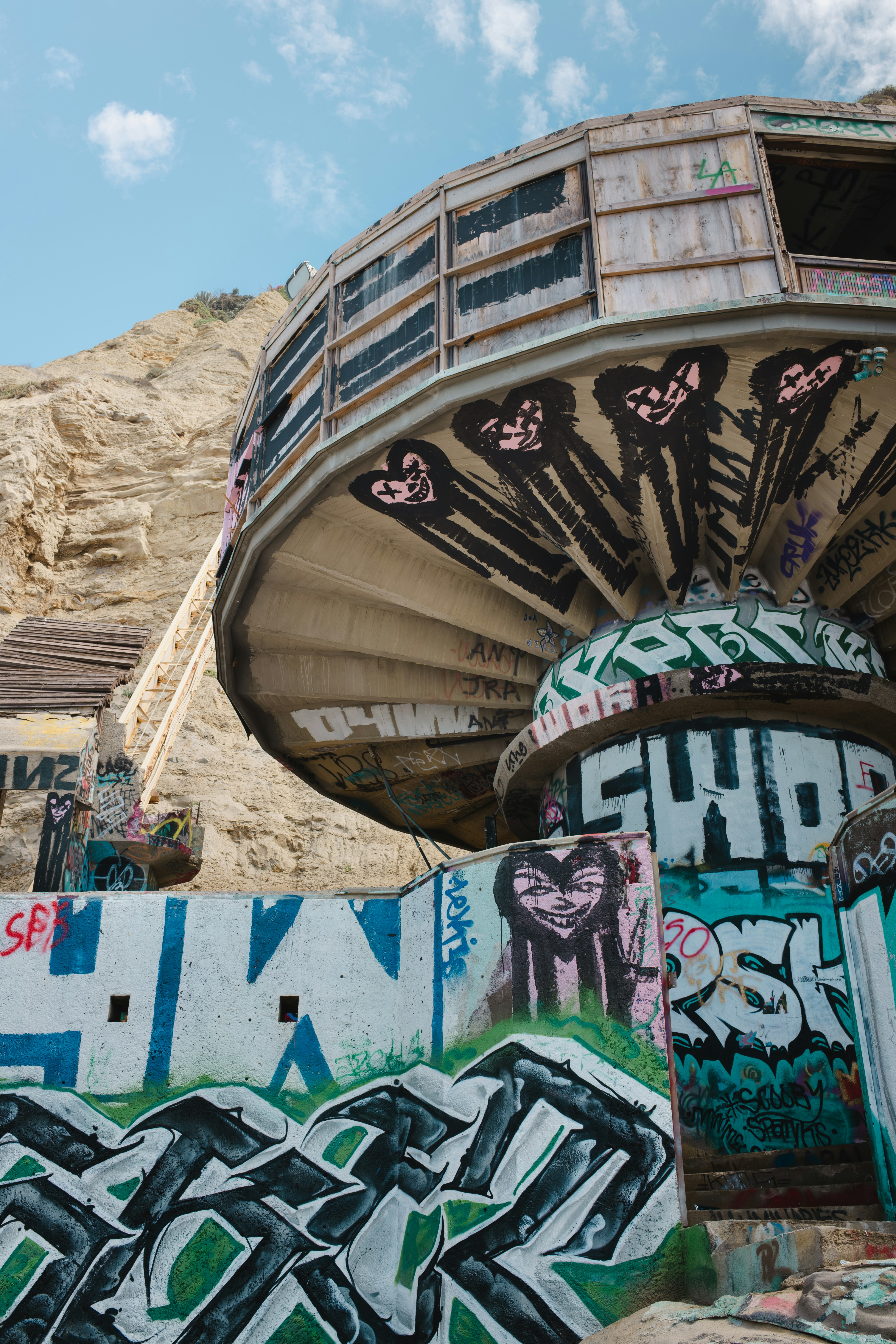 Graffiti-Blanketed roundabout: a decaying monorail ring encircled by urban art