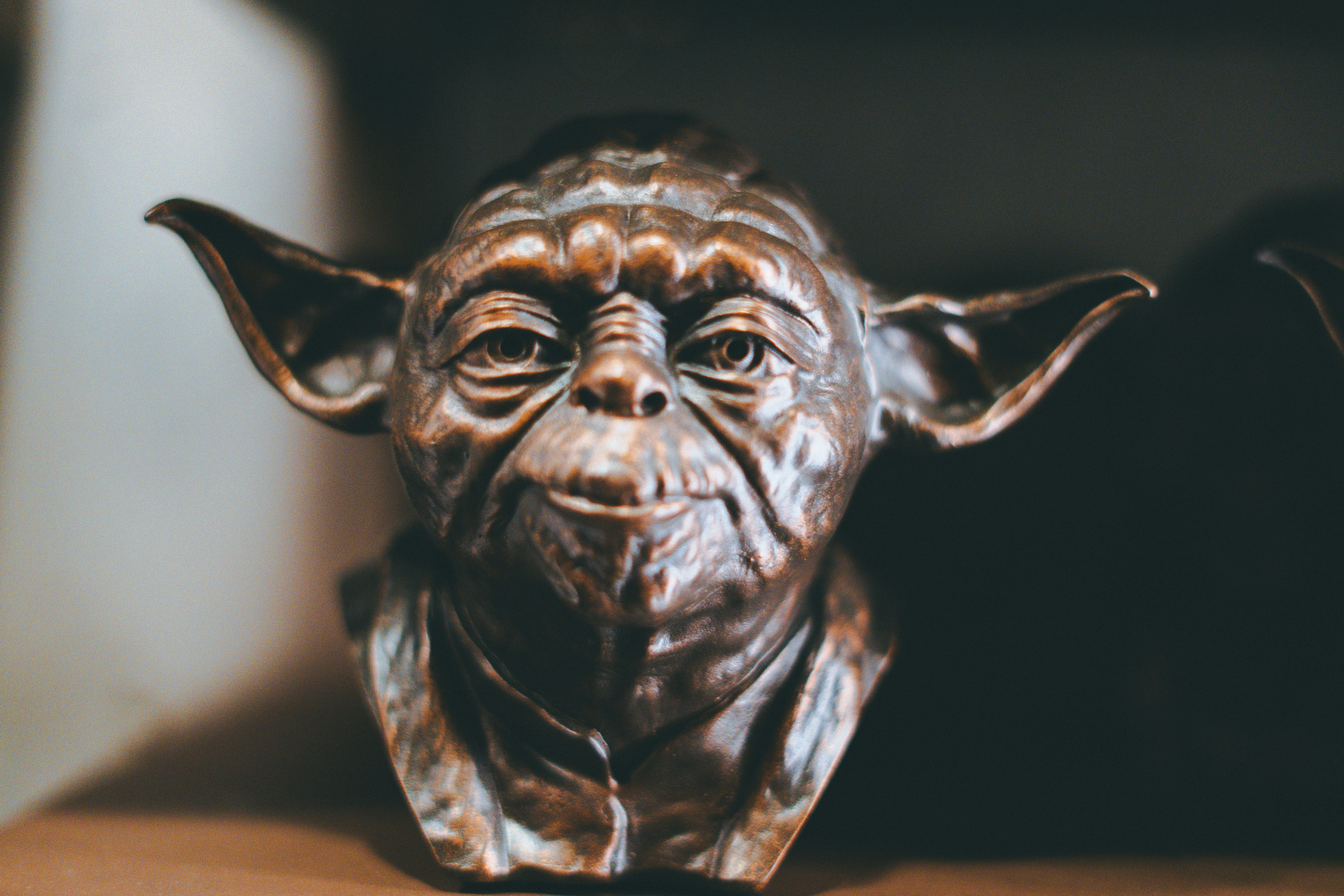 Leathered Wisdom: A Yoda Bust Under Warm Spotlight