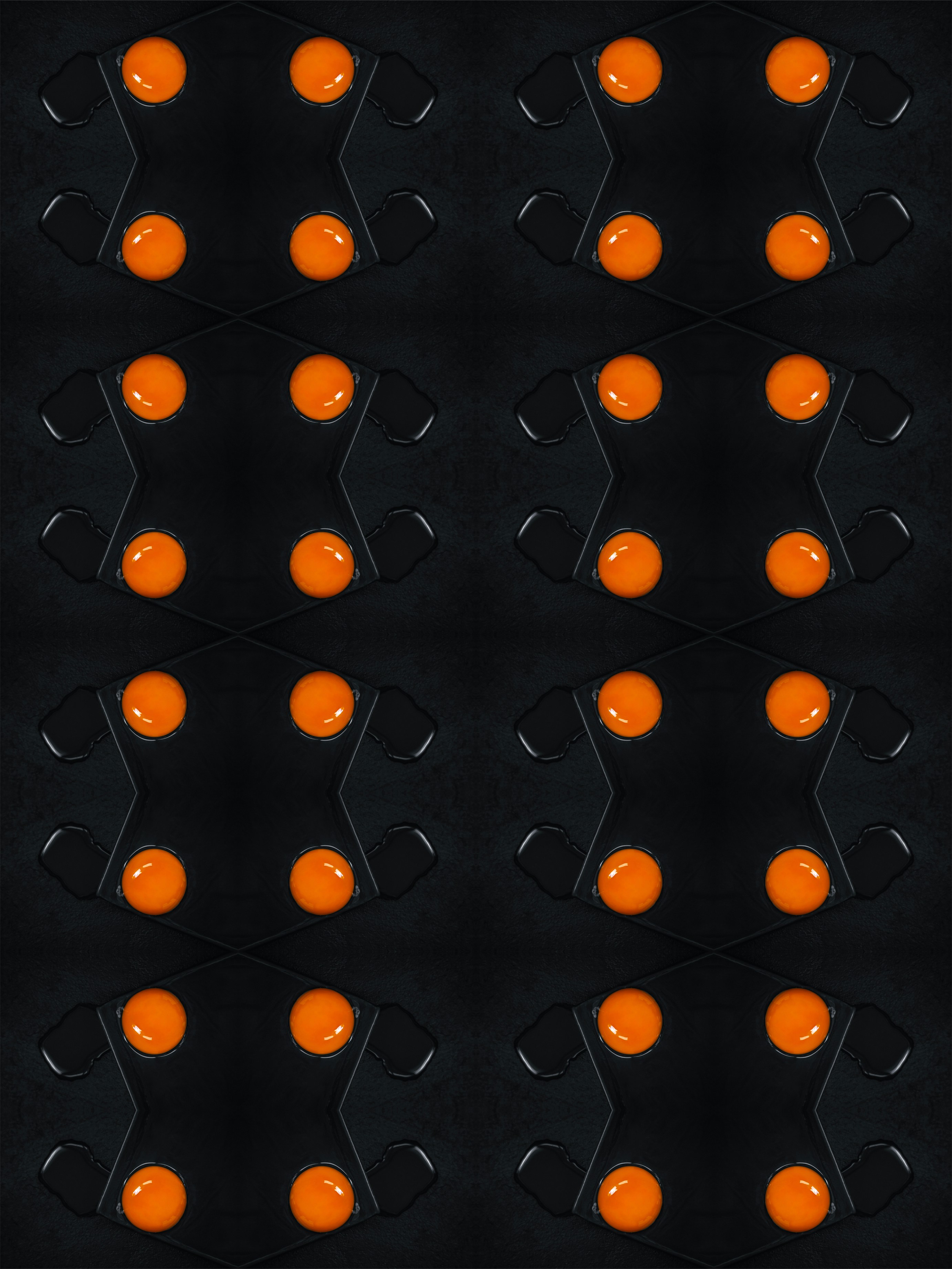 Symmetrical pattern of orange spheres on dark, curved structures.