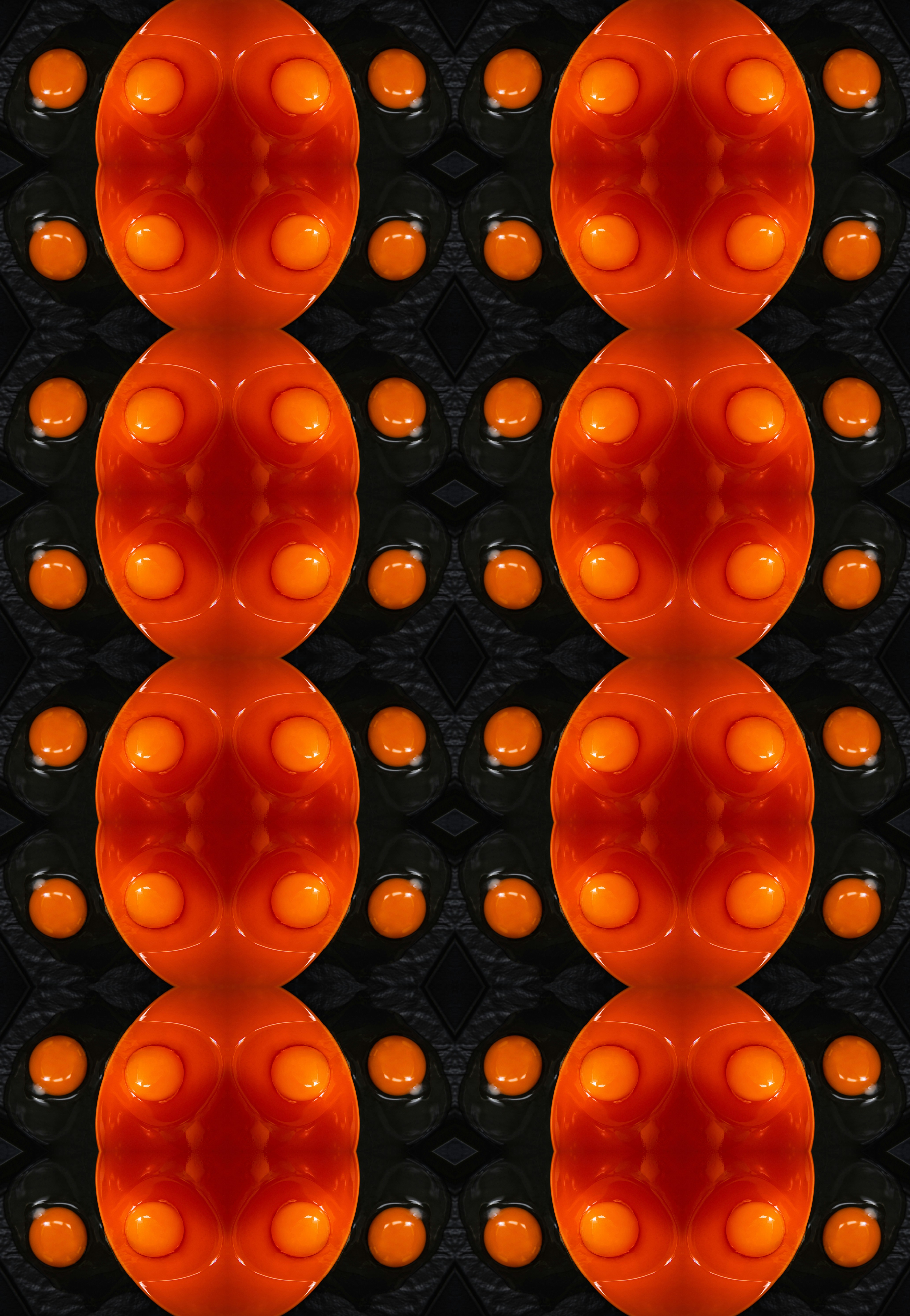 Symmetric Orbs: Repeating Orange Ellipses on Dark Mosaic