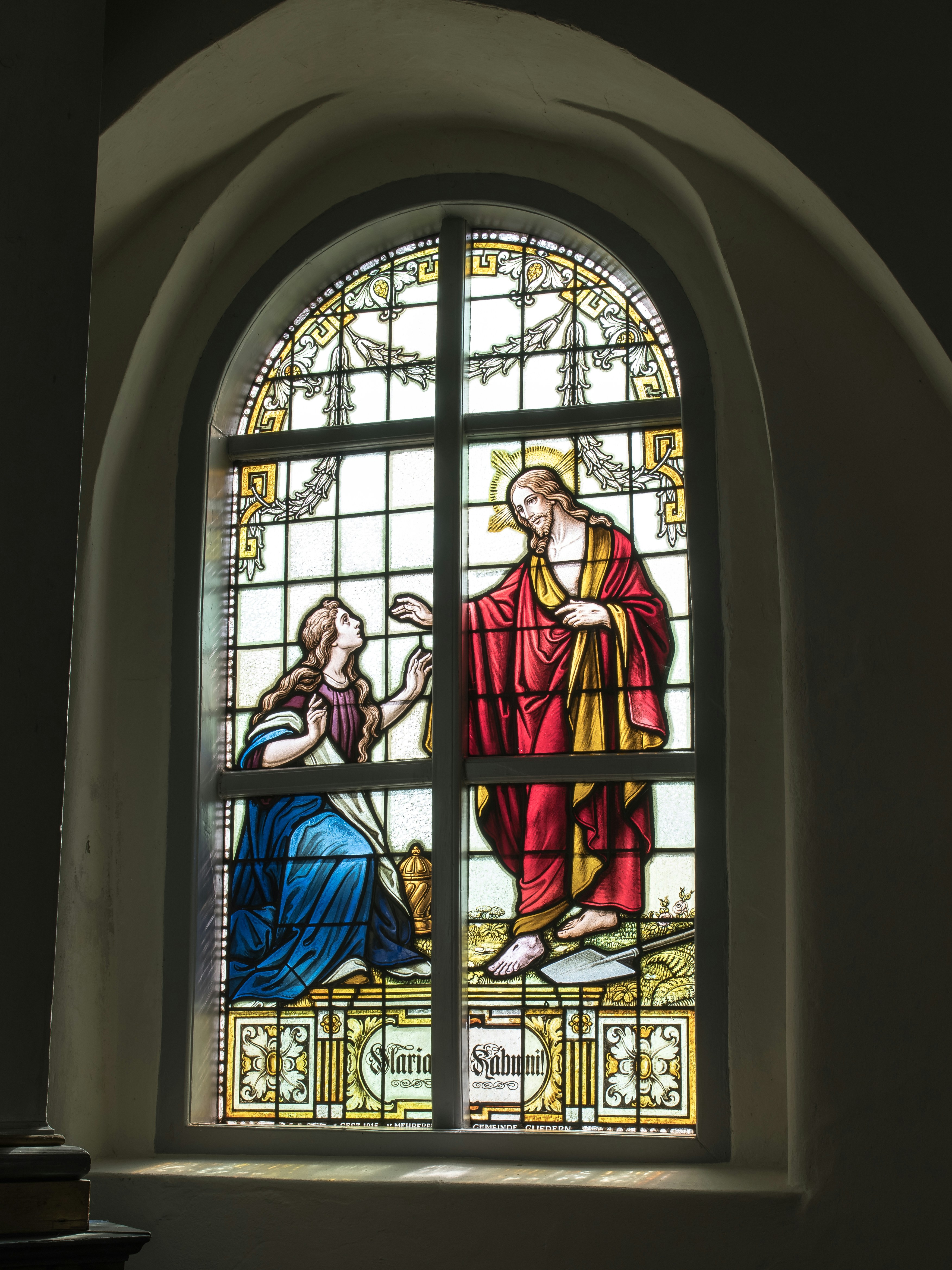 Stained Glass Communion: Jesus Blessing and Mary in a Church Window