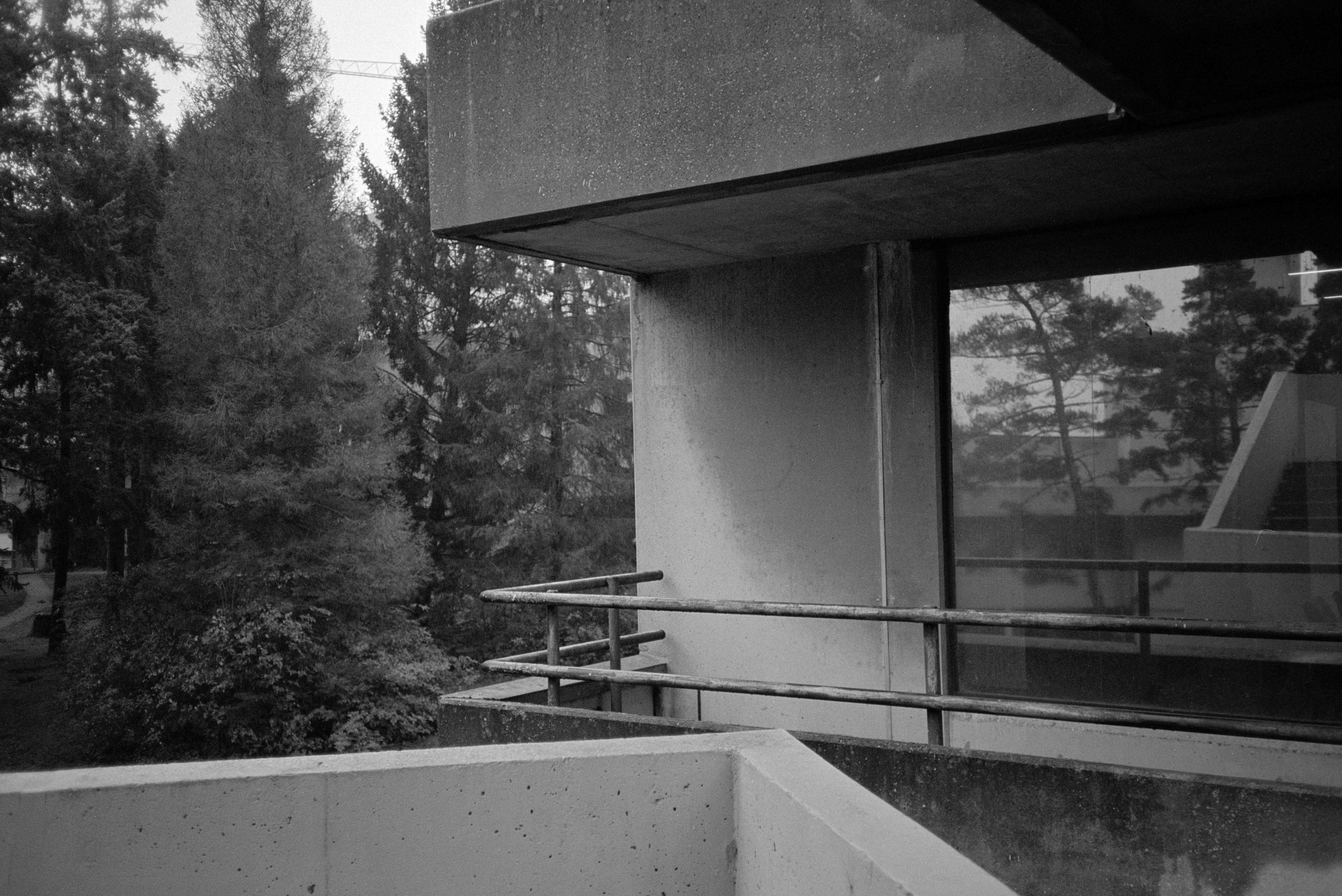 A brutalist concrete balcony and railing look out to pine trees through reflective glass.