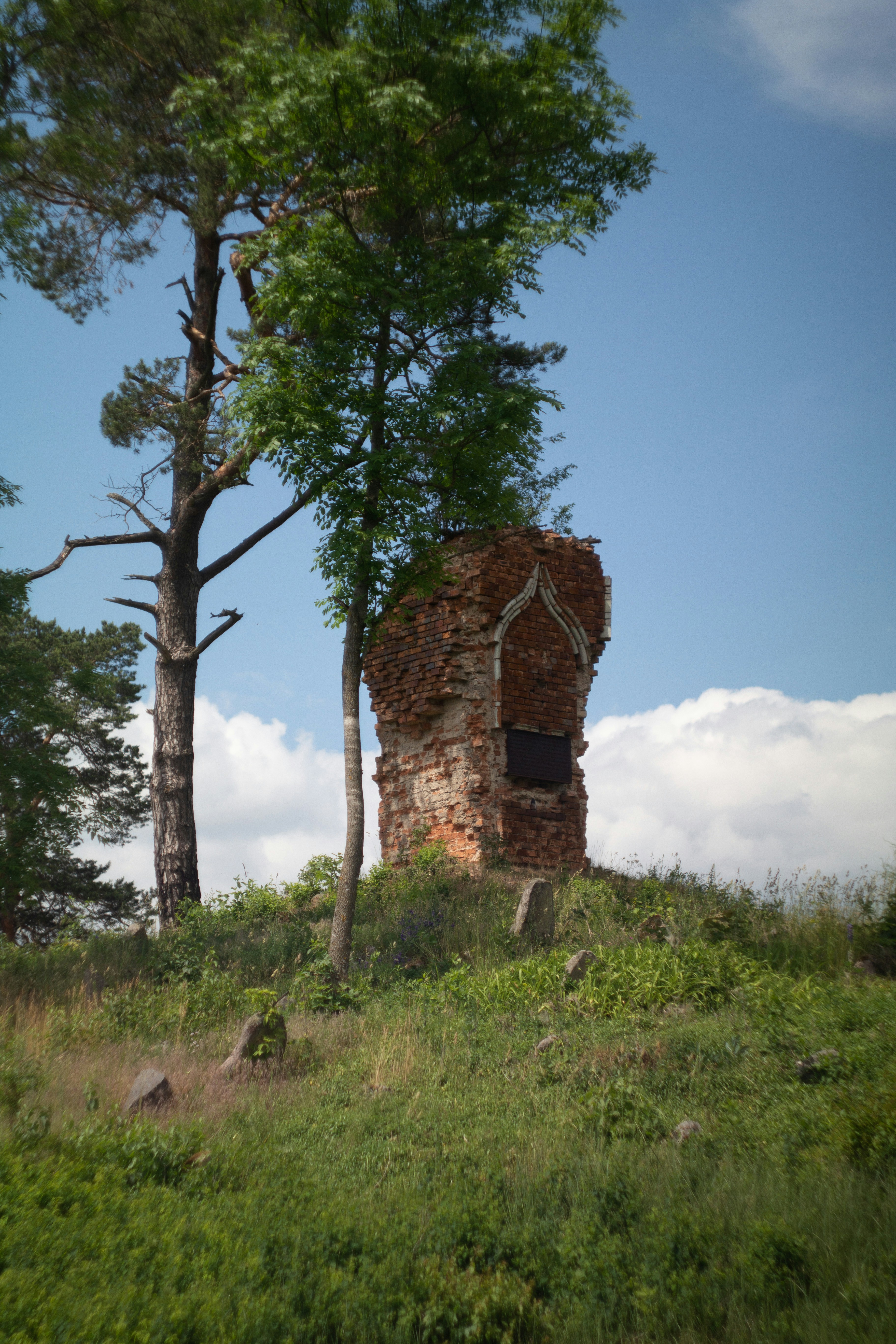 Ruined brick chapel on a grassy hill beneath a leafy companions