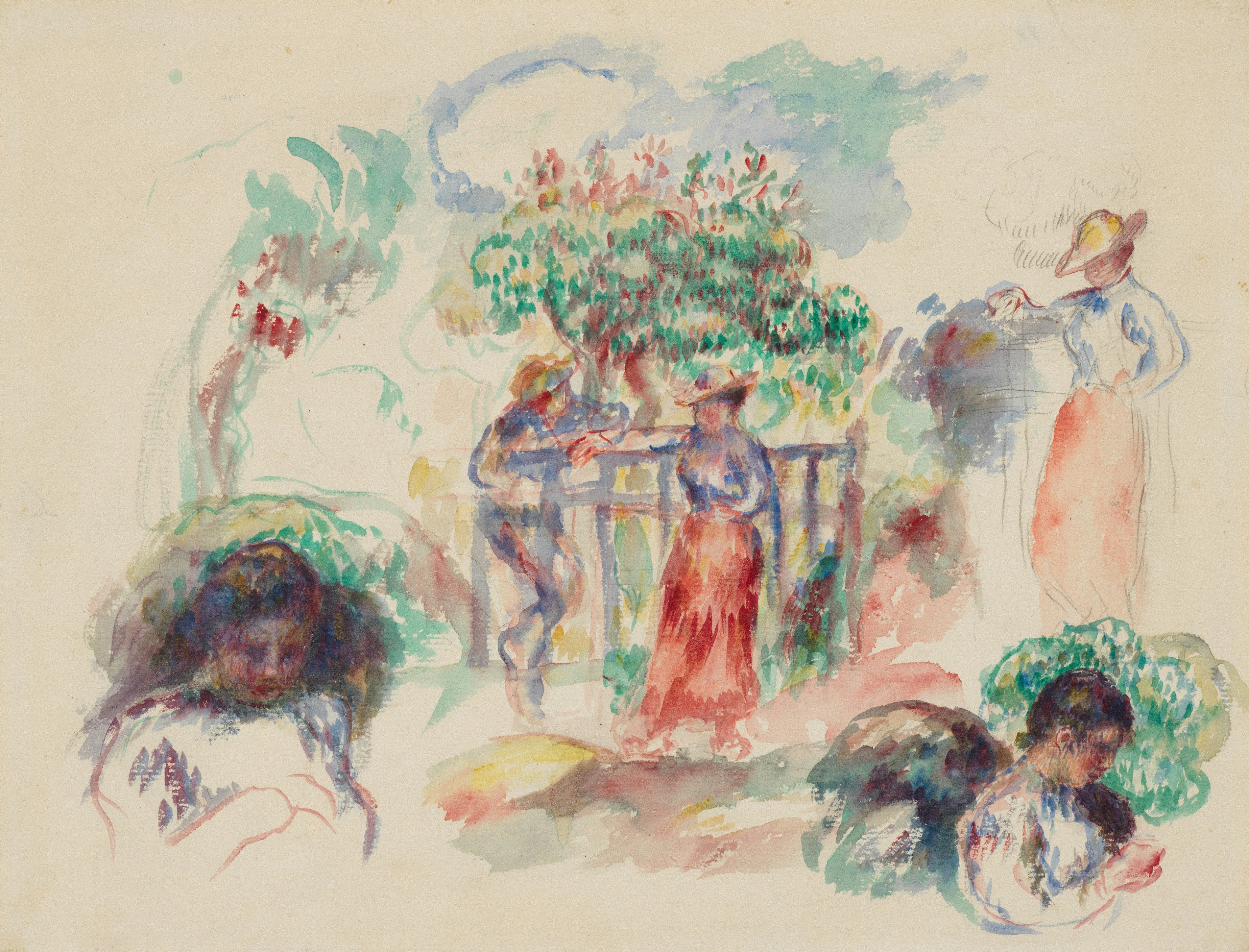 Garden Ensemble: Sunlit Figures in a Broad Watercolor Scene