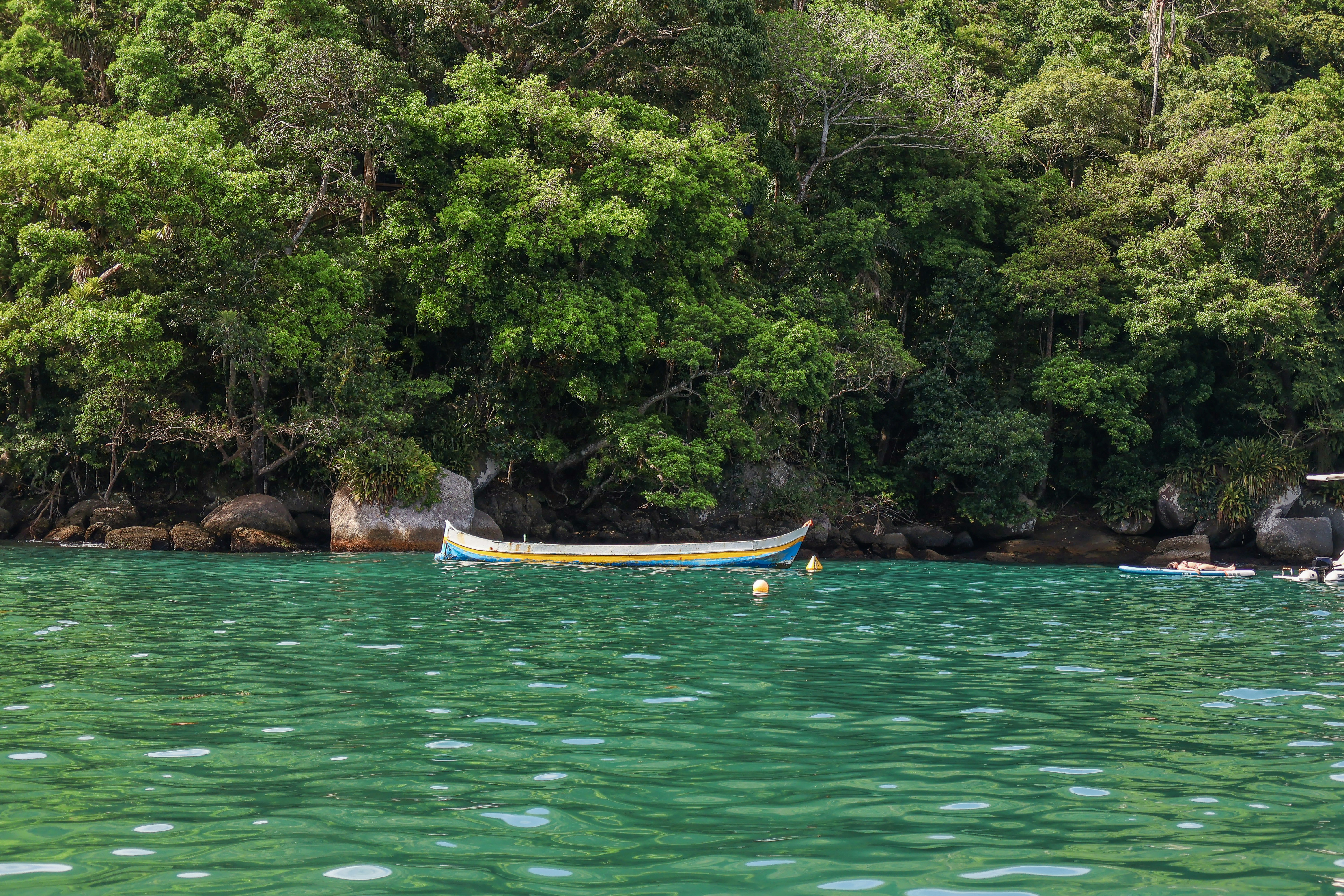 Small fishing boat floating on the emerald waters of Ilhabela, Brazil, surrounded by the dense Atlantic Forest along the tropical coastline.